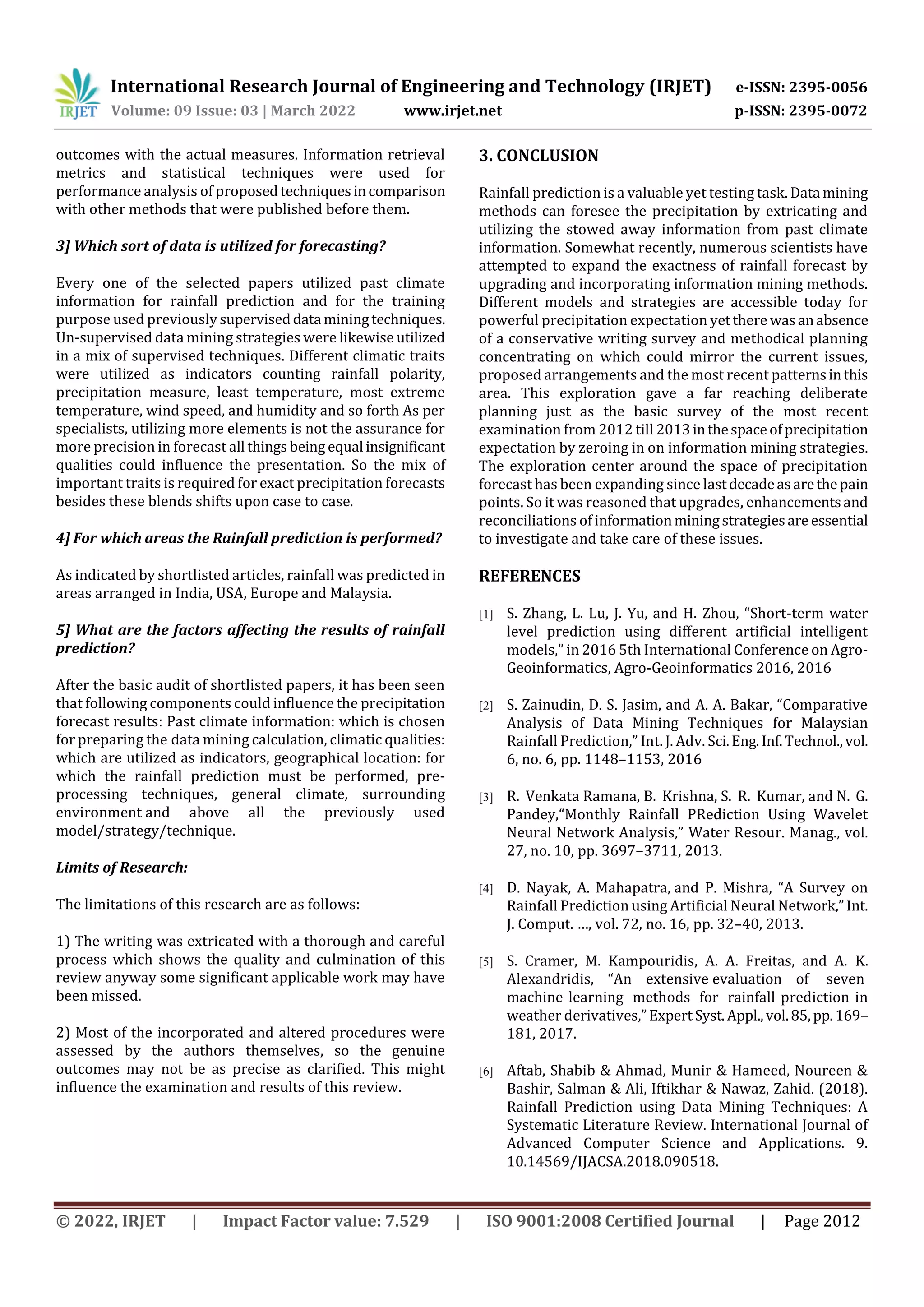 A Literature Review On Rainfall Prediction Using Different Data Mining Techniques Pdf