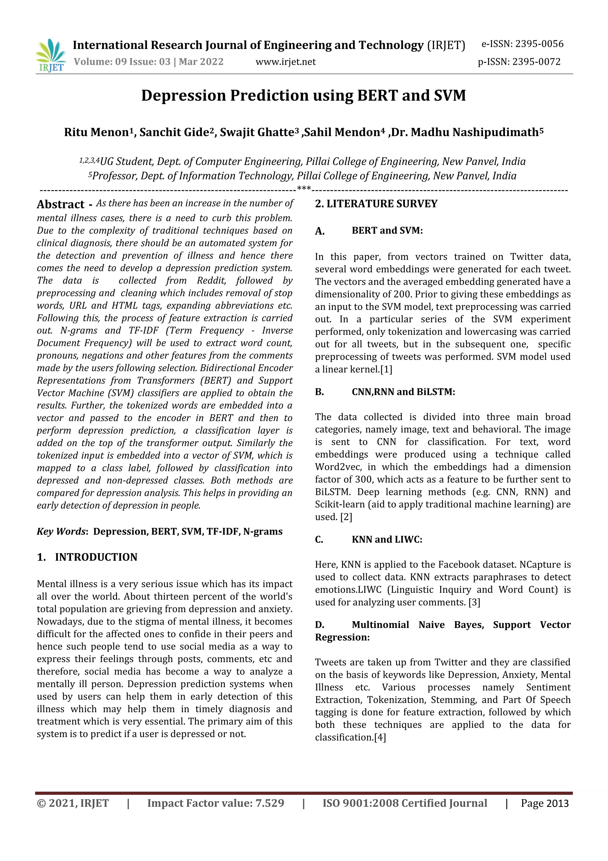 Depression Prediction using BERT and SVM | PDF | Mental Health ...