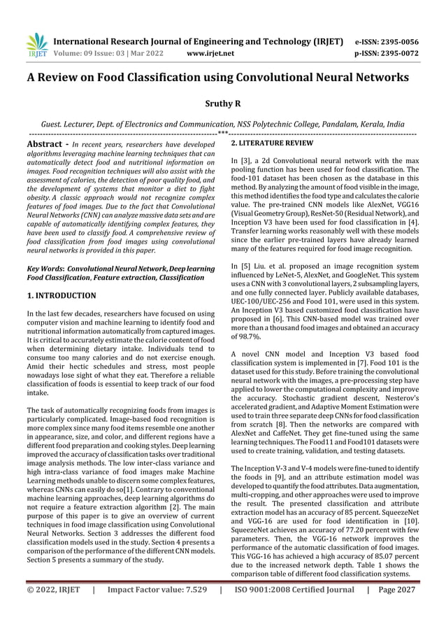 A Review On Food Classification Using Convolutional Neural Networks Pdf