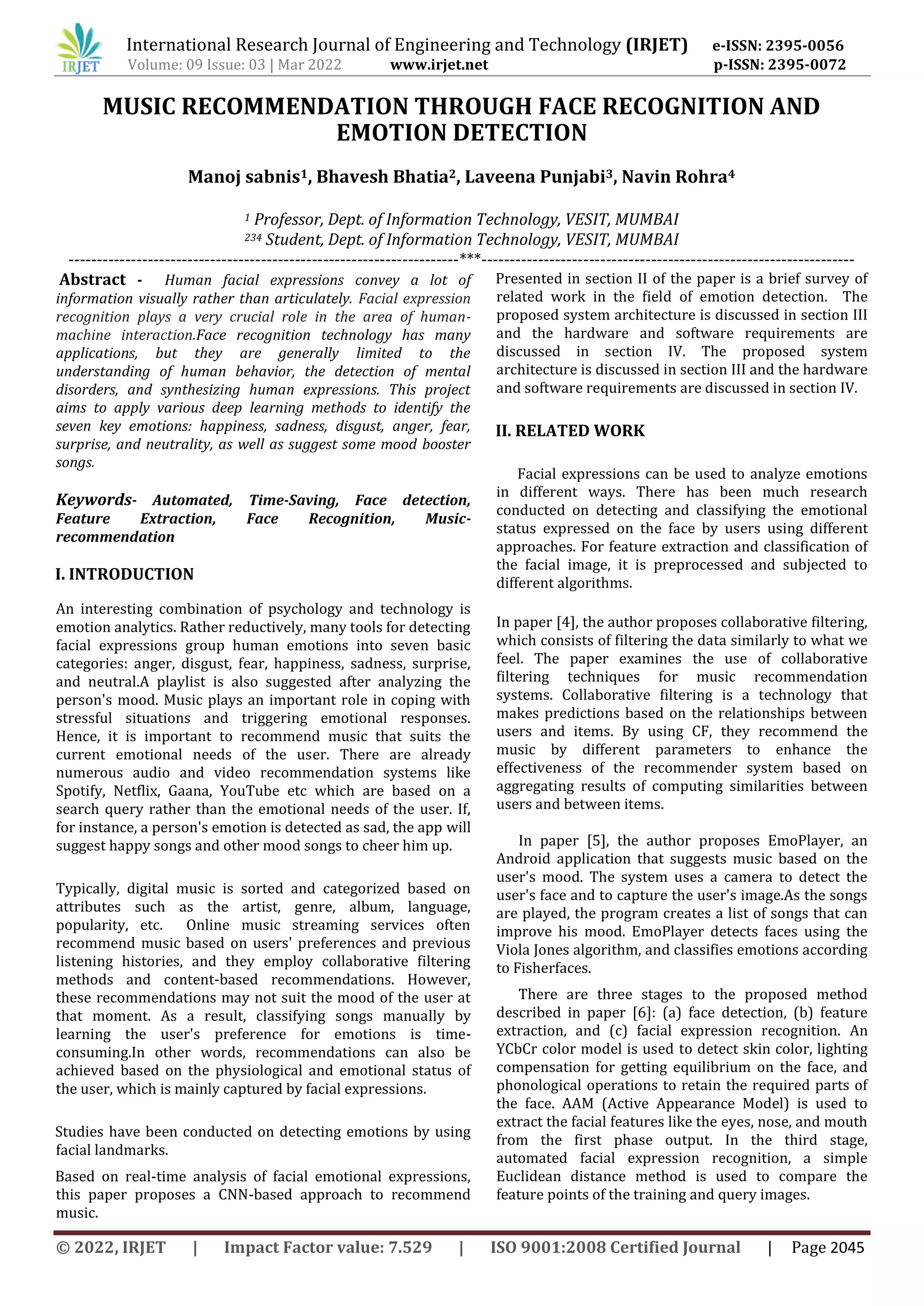 MUSIC RECOMMENDATION THROUGH FACE RECOGNITION AND EMOTION DETECTION | PDF