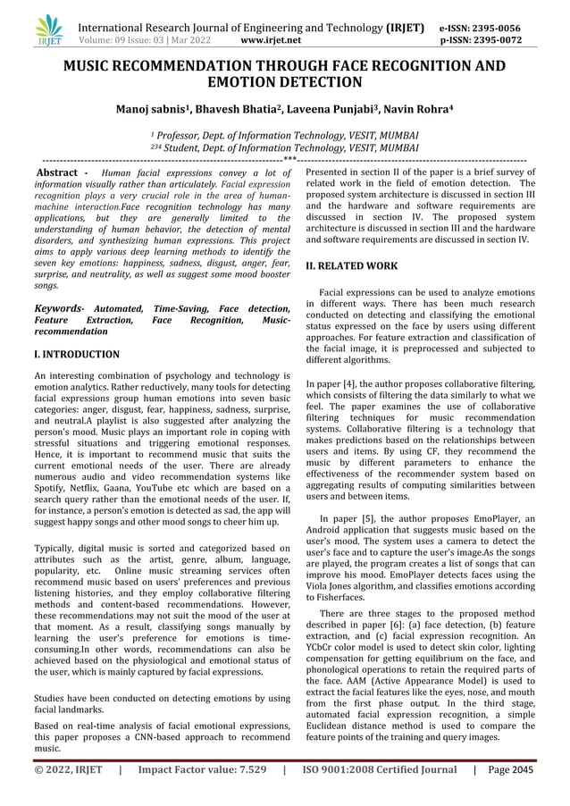 MUSIC RECOMMENDATION THROUGH FACE RECOGNITION AND EMOTION DETECTION | PDF | Computing ...