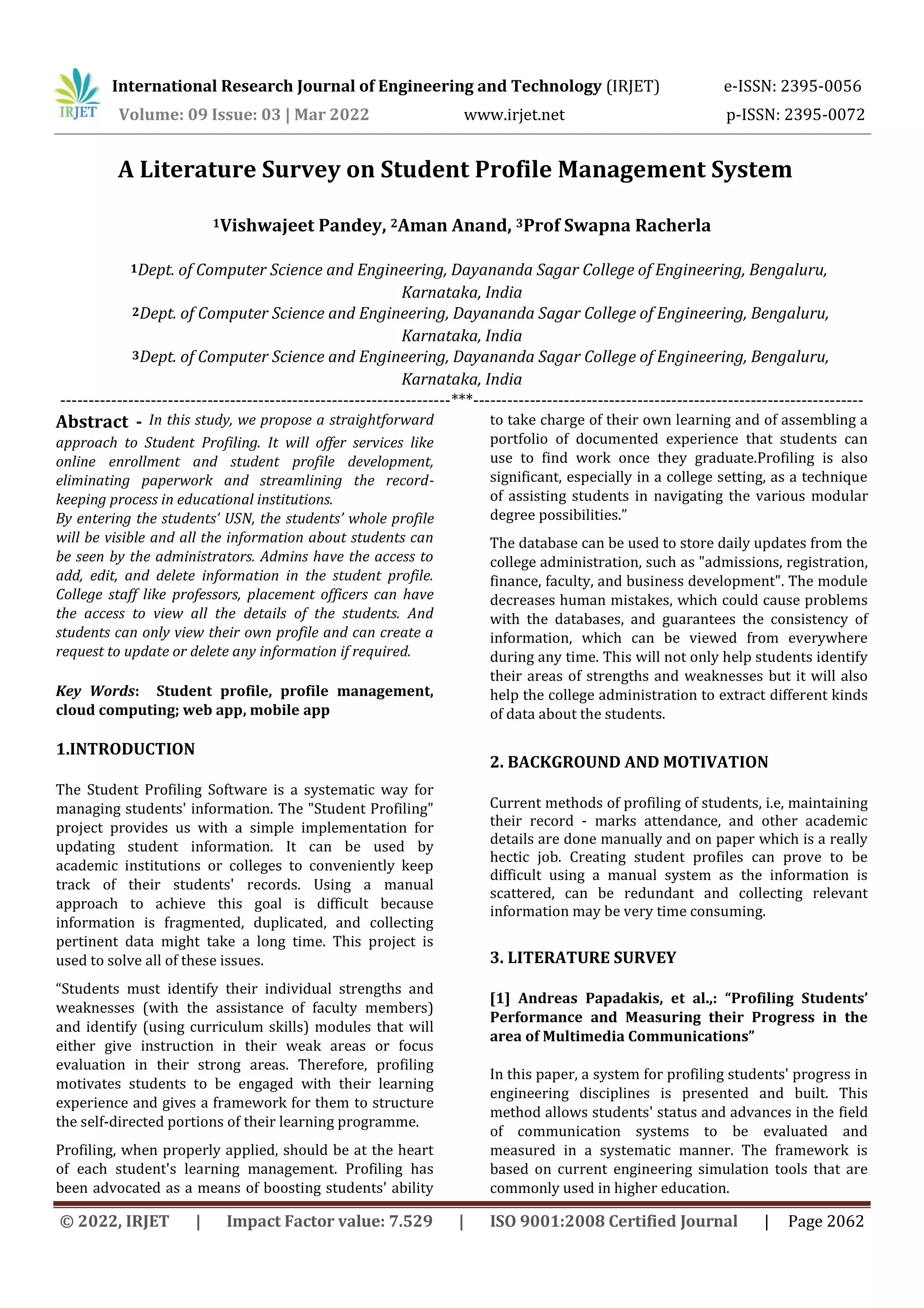 A Literature Survey on Student Profile Management System | PDF