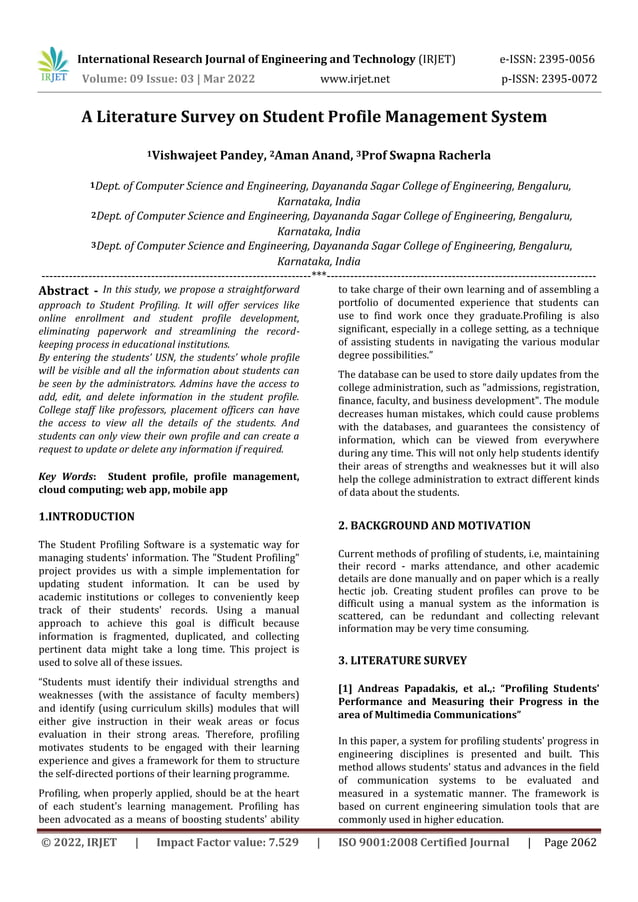 A Literature Survey on Student Profile Management System | PDF