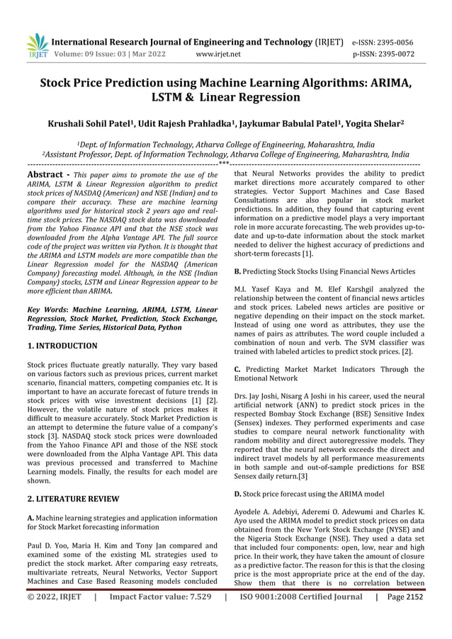 Stock Price Prediction Using Machine Learning Algorithms Arima Lstm
