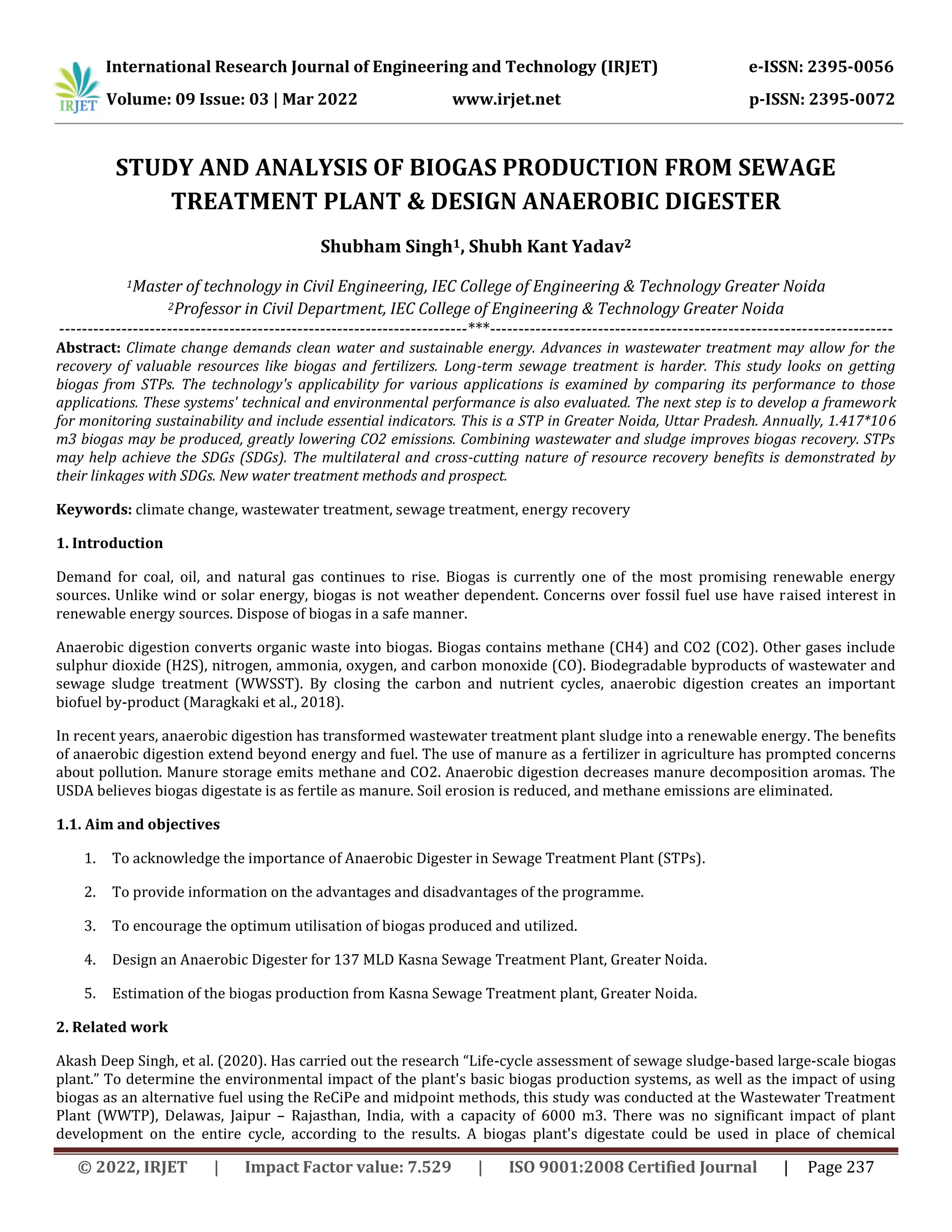 STUDY AND ANALYSIS OF BIOGAS PRODUCTION FROM SEWAGE TREATMENT PLANT ...