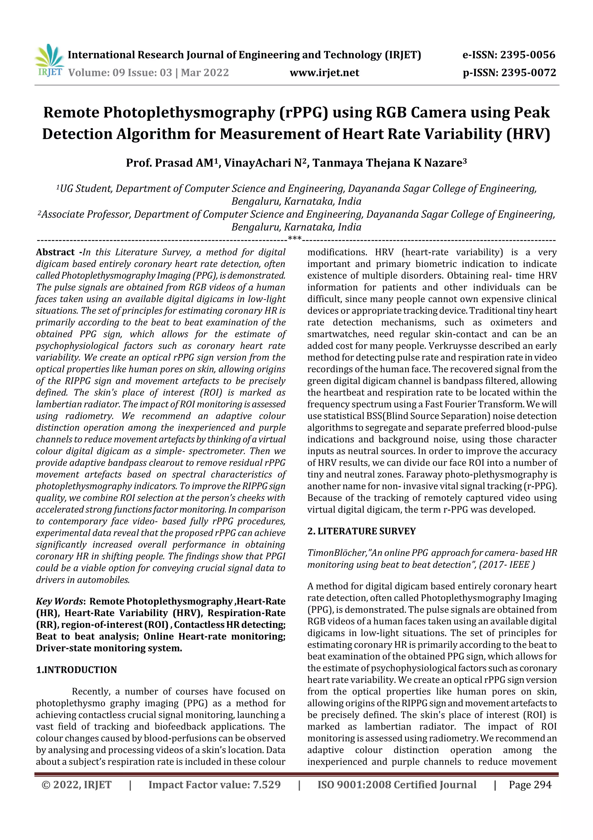 Remote Photoplethysmography Rppg Using Rgb Camera Using Peak Detection Algorithm For