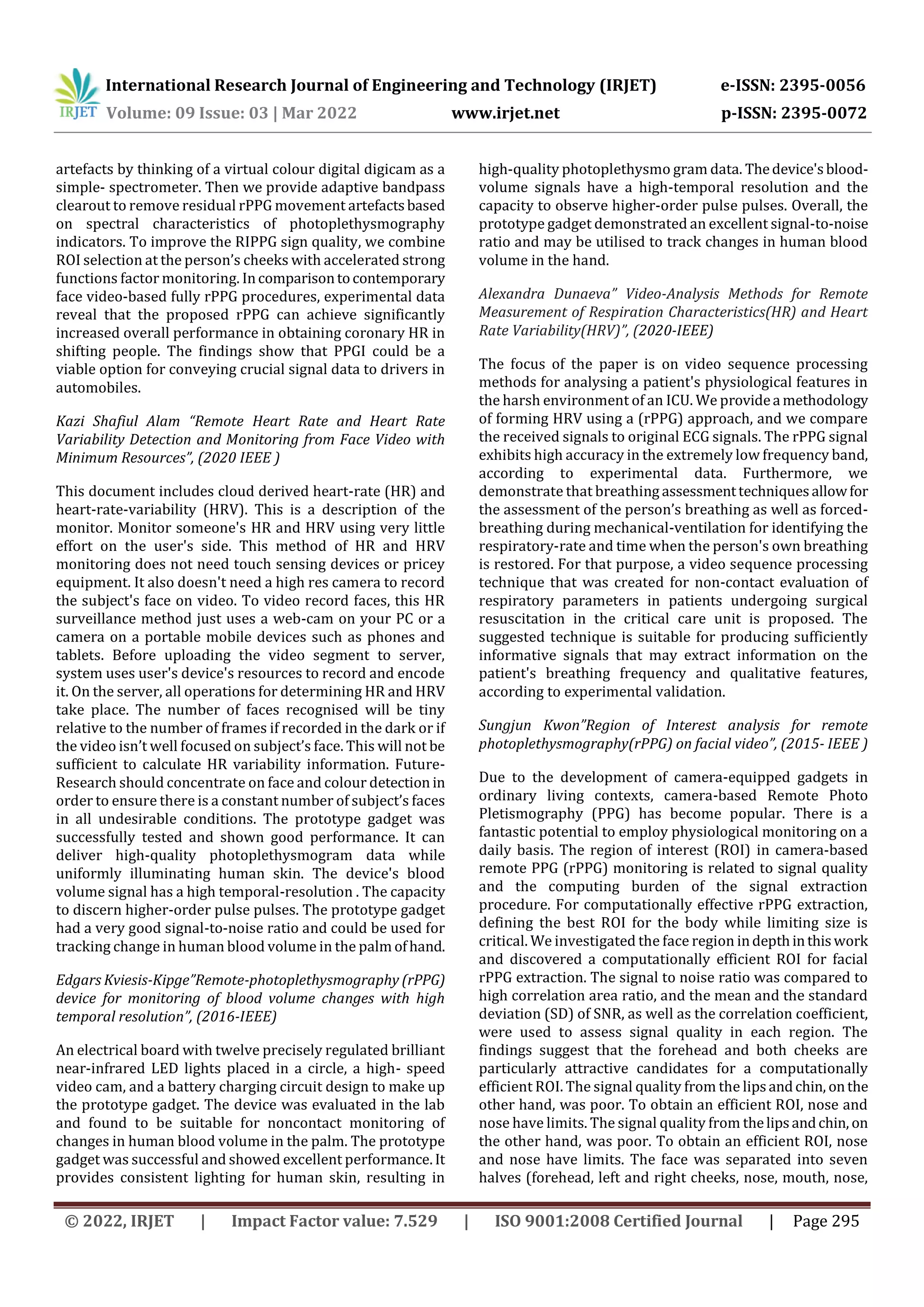 Remote Photoplethysmography Rppg Using Rgb Camera Using Peak Detection Algorithm For