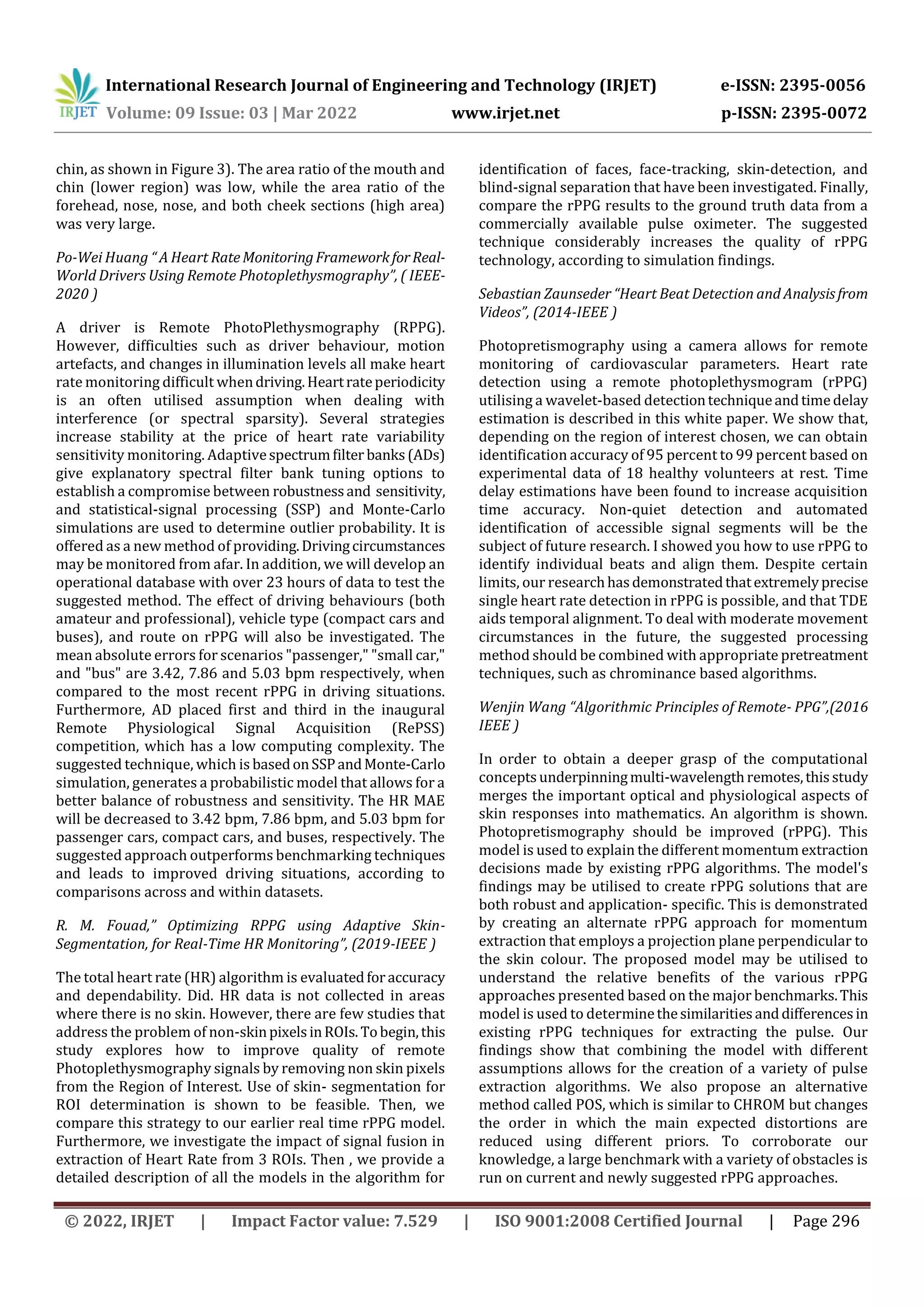 Remote Photoplethysmography Rppg Using Rgb Camera Using Peak Detection Algorithm For