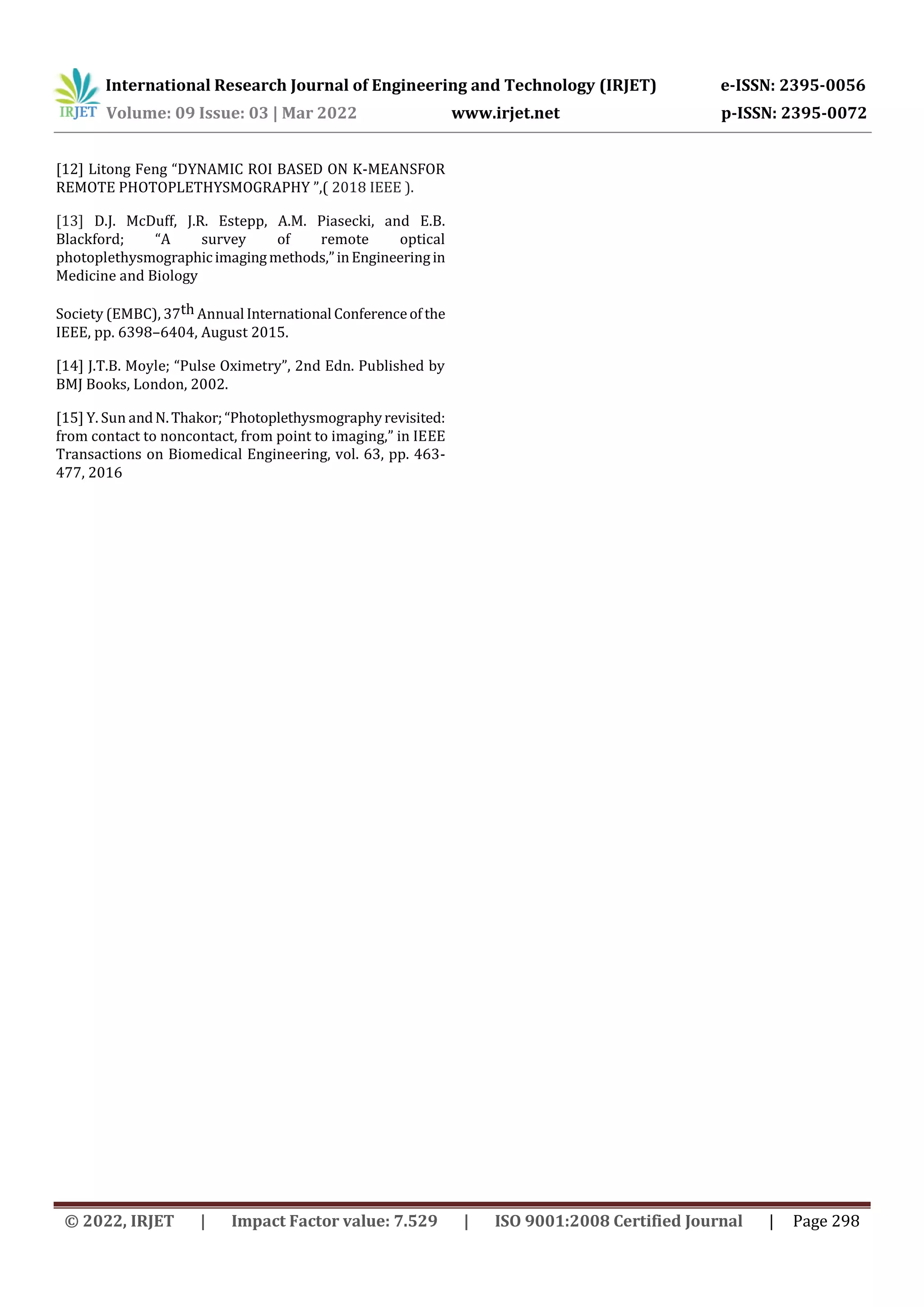 Remote Photoplethysmography Rppg Using Rgb Camera Using Peak Detection Algorithm For