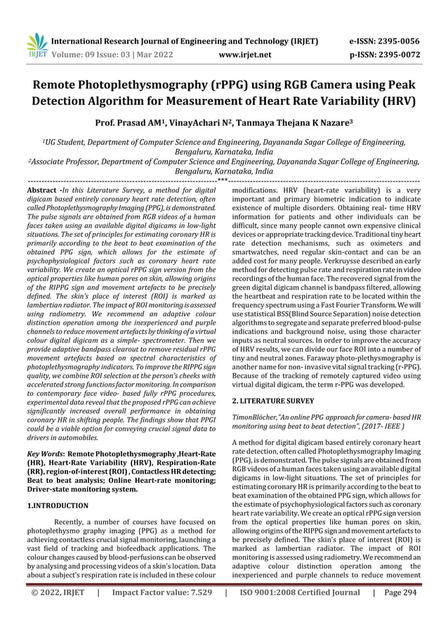 Remote Photoplethysmography (rPPG) using RGB Camera using Peak Detection Algorithm for ...