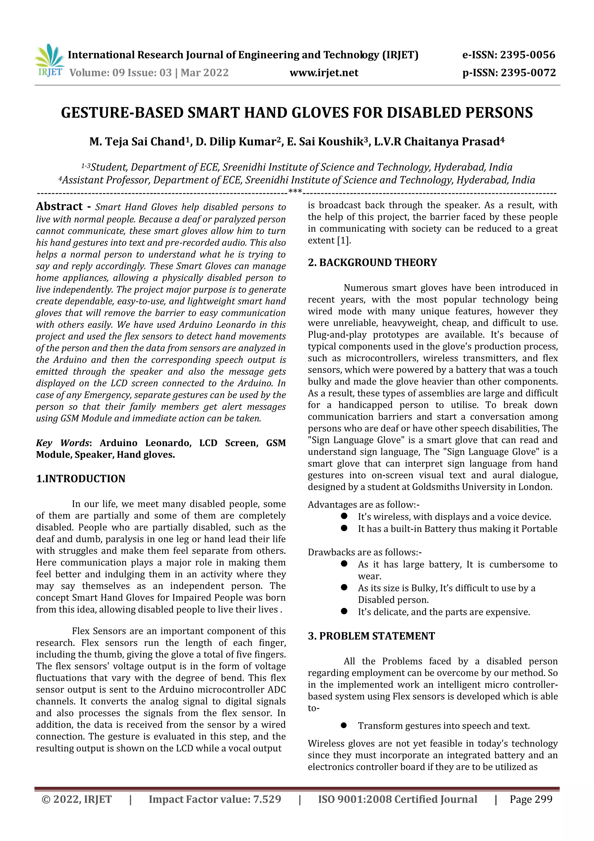 GESTURE-BASED SMART HAND GLOVES FOR DISABLED PERSONS | PDF