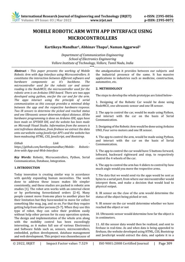 MOBILE ROBOTIC ARM WITH APP INTERFACE USING MICROCONTROLLERS | PDF ...