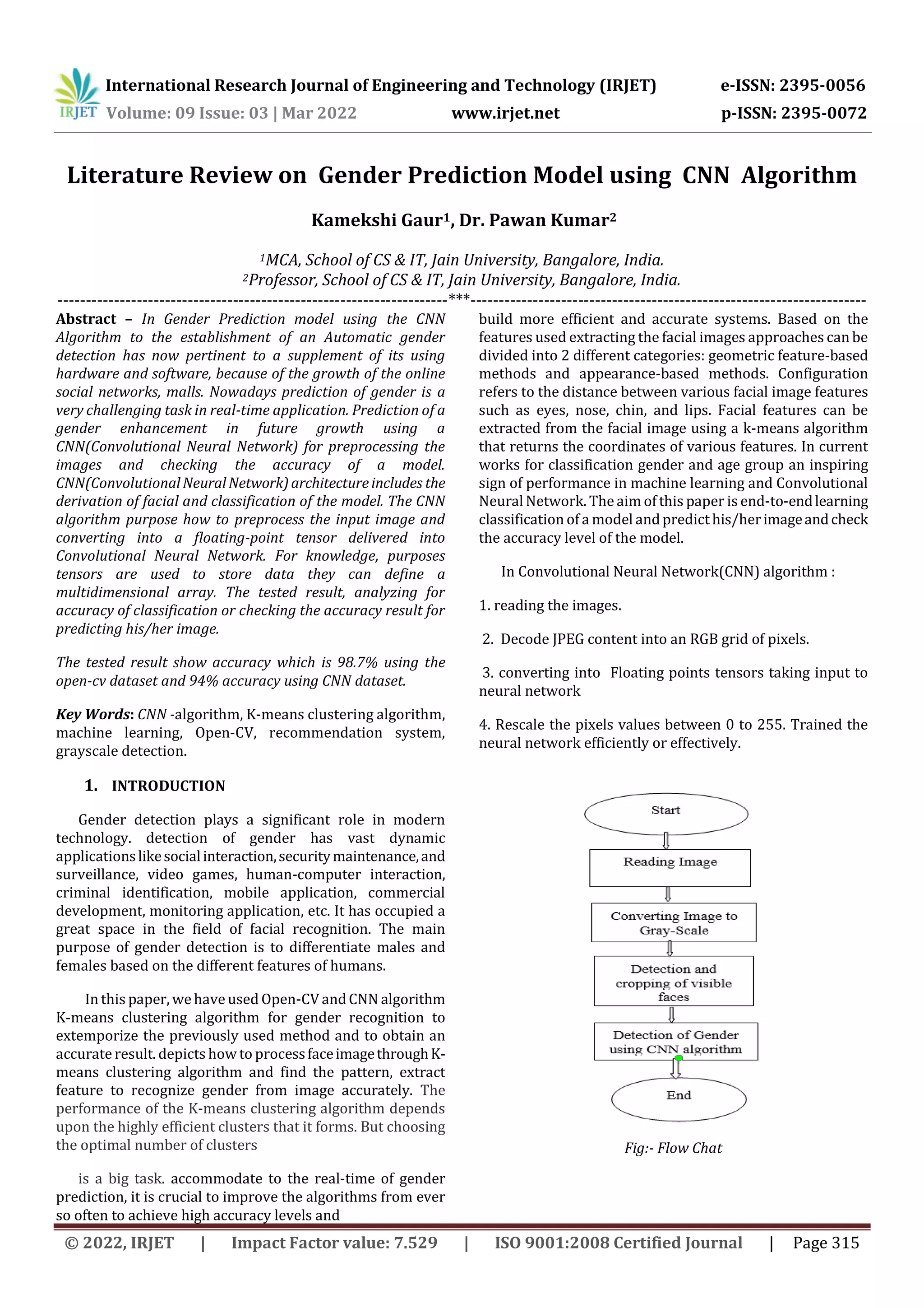 Literature Review on Gender Prediction Model using CNN Algorithm | PDF