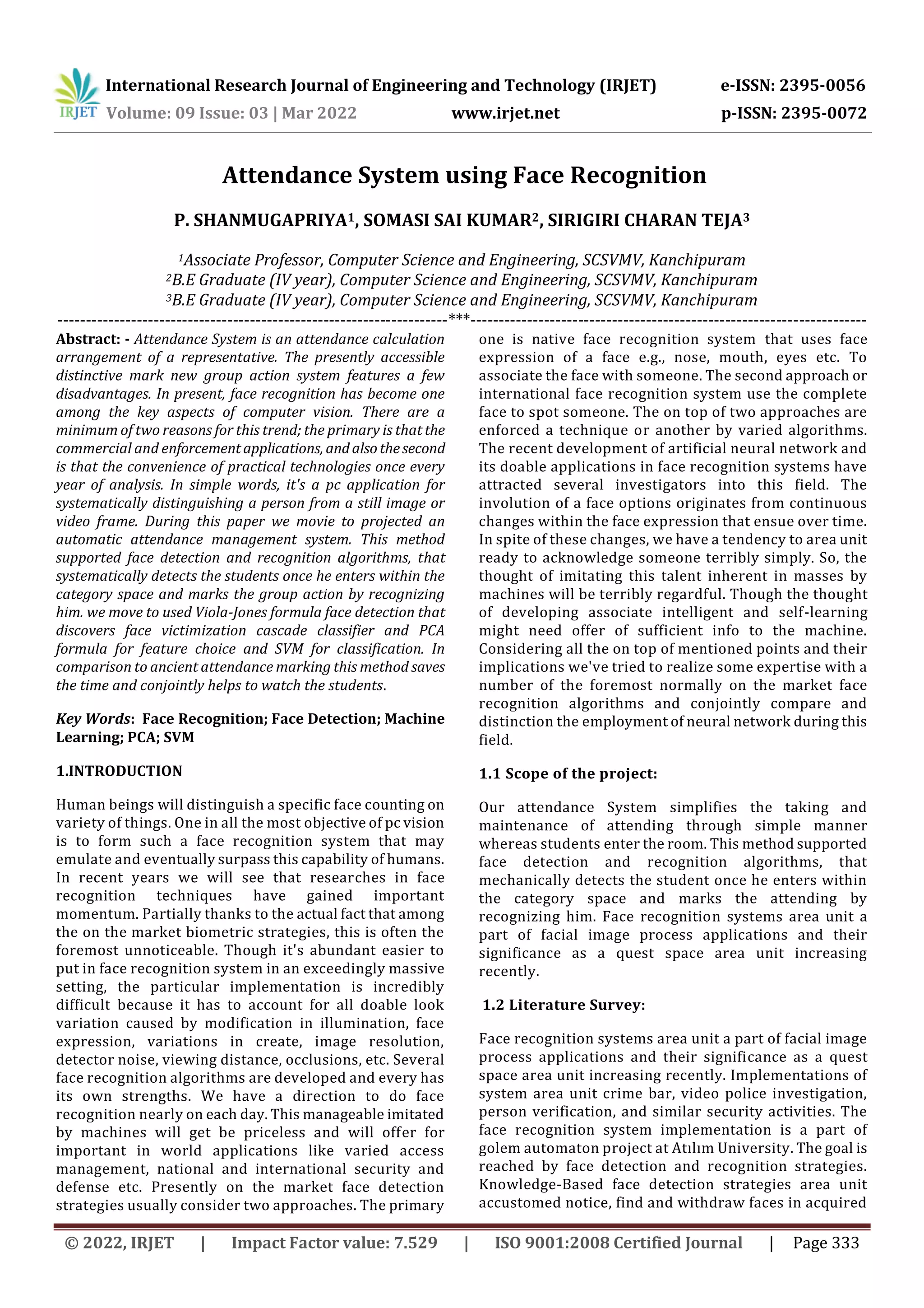 Attendance System using Face Recognition | PDF