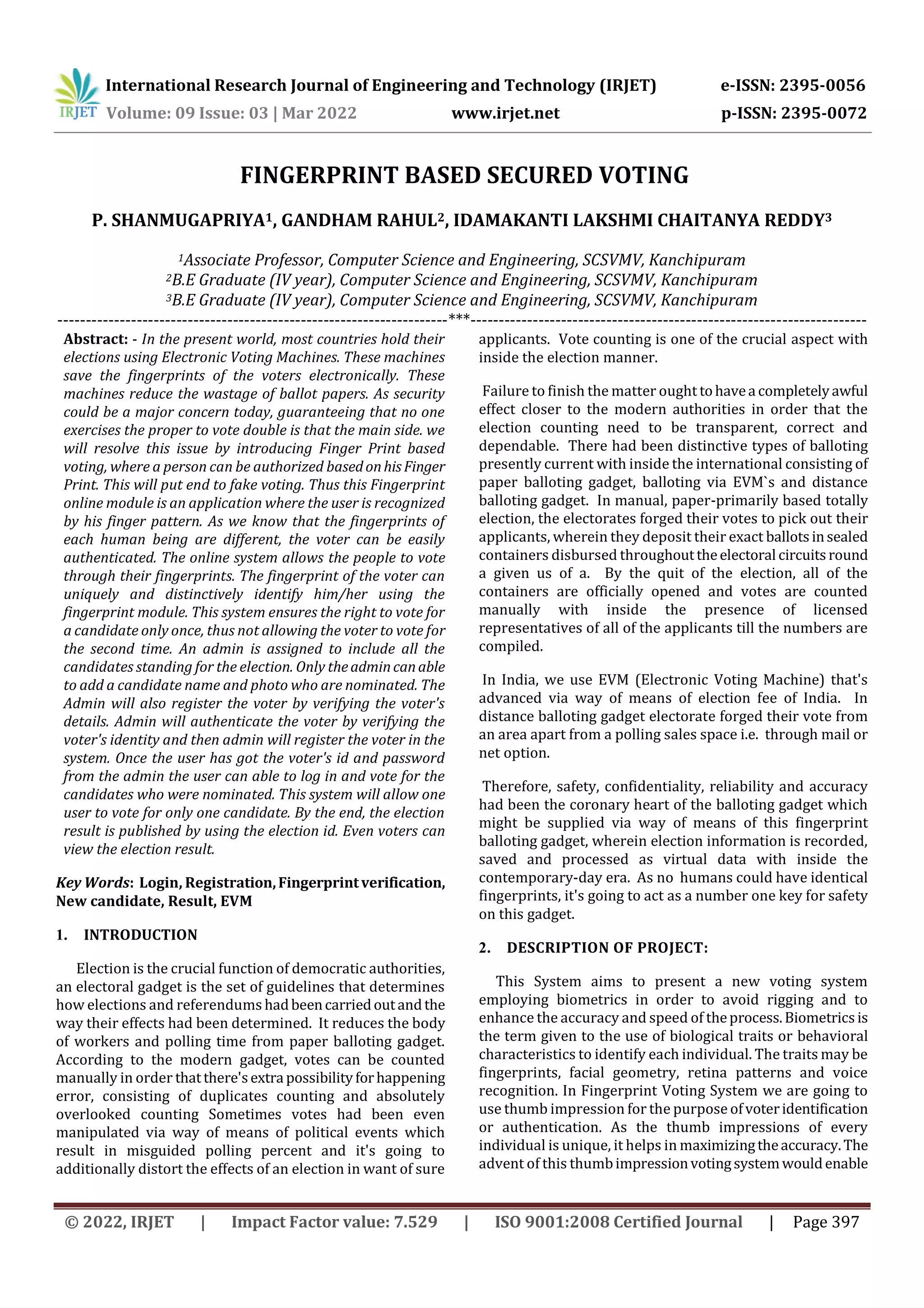 FINGERPRINT BASED SECURED VOTING | PDF