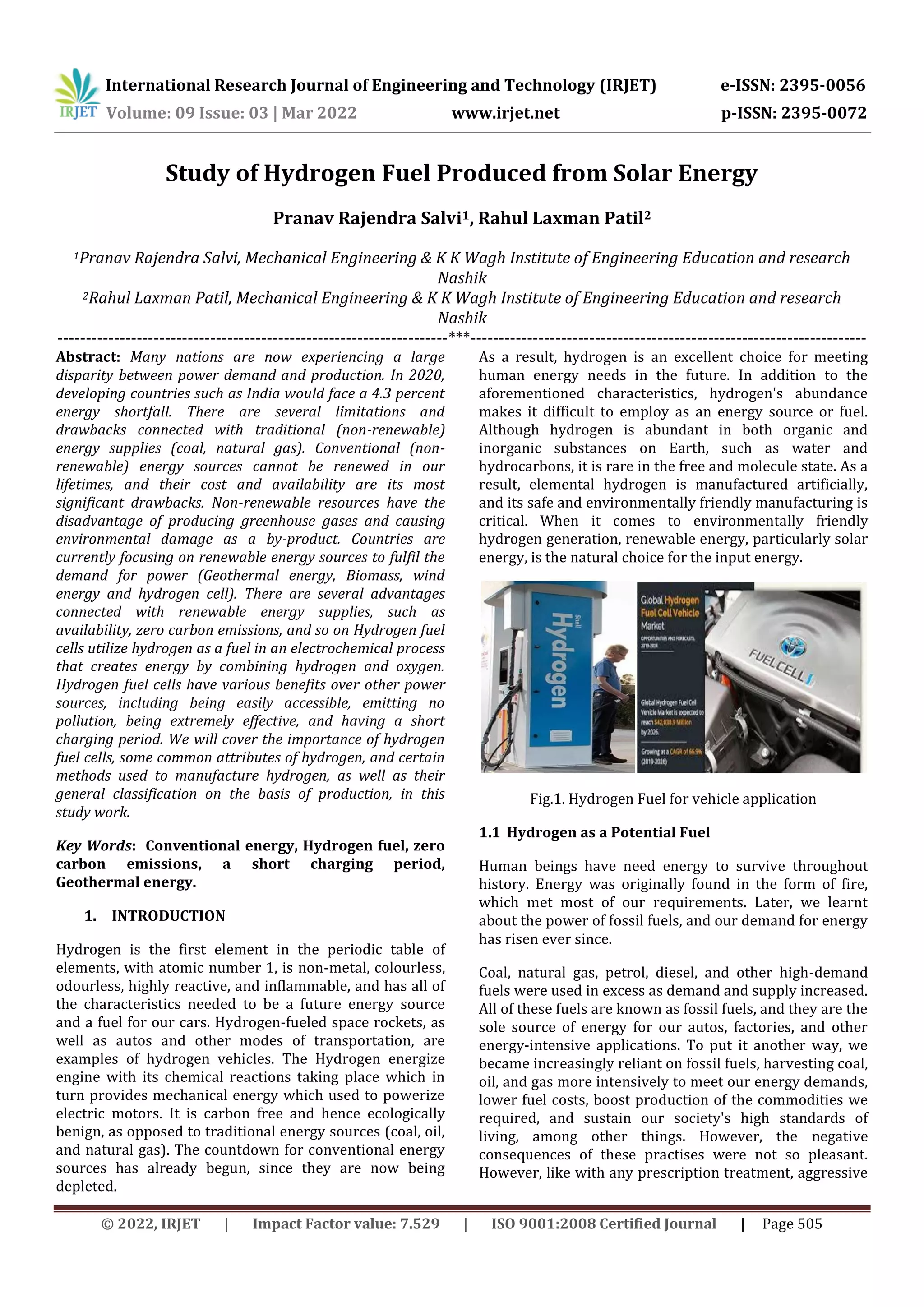 Study of Hydrogen Fuel Produced from Solar Energy | PDF