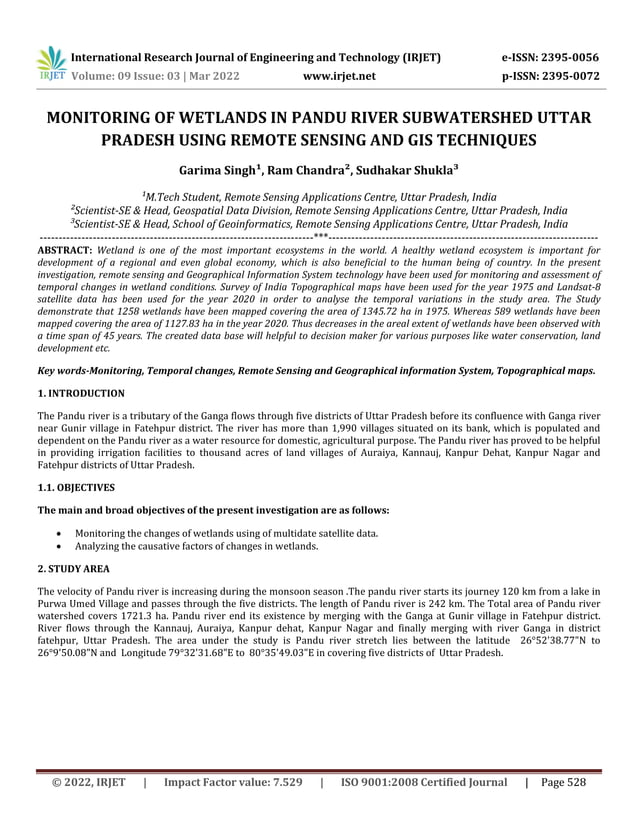 MONITORING OF WETLANDS IN PANDU RIVER SUBWATERSHED UTTAR PRADESH USING REMOTE SENSING AND GIS ...