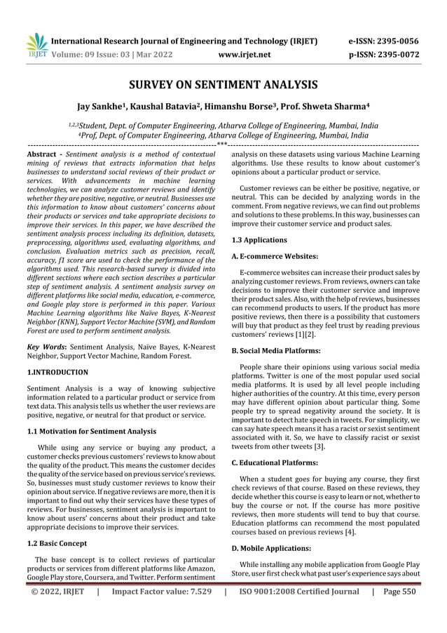 SURVEY ON SENTIMENT ANALYSIS | PDF