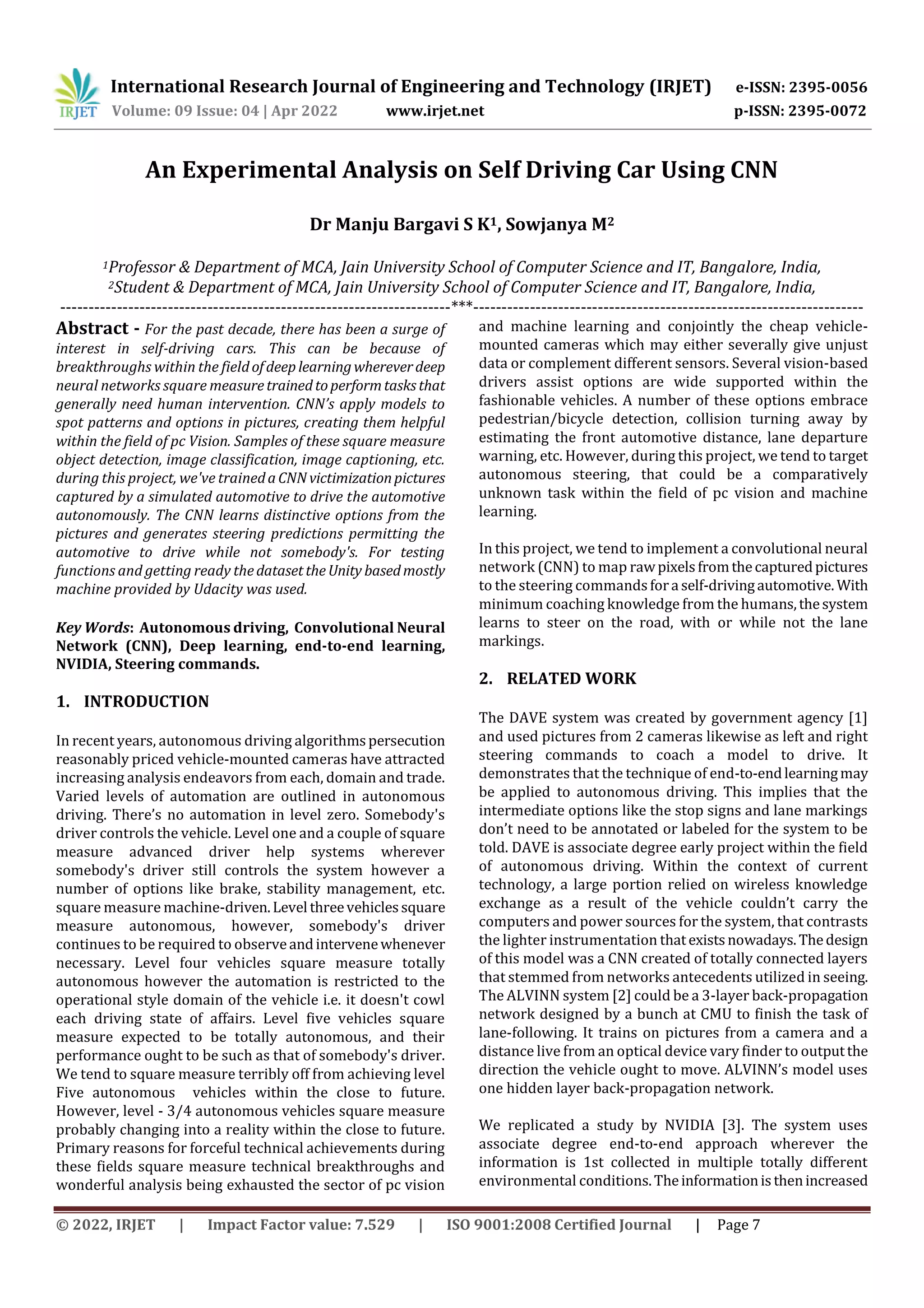 An Experimental Analysis on Self Driving Car Using CNN | PDF