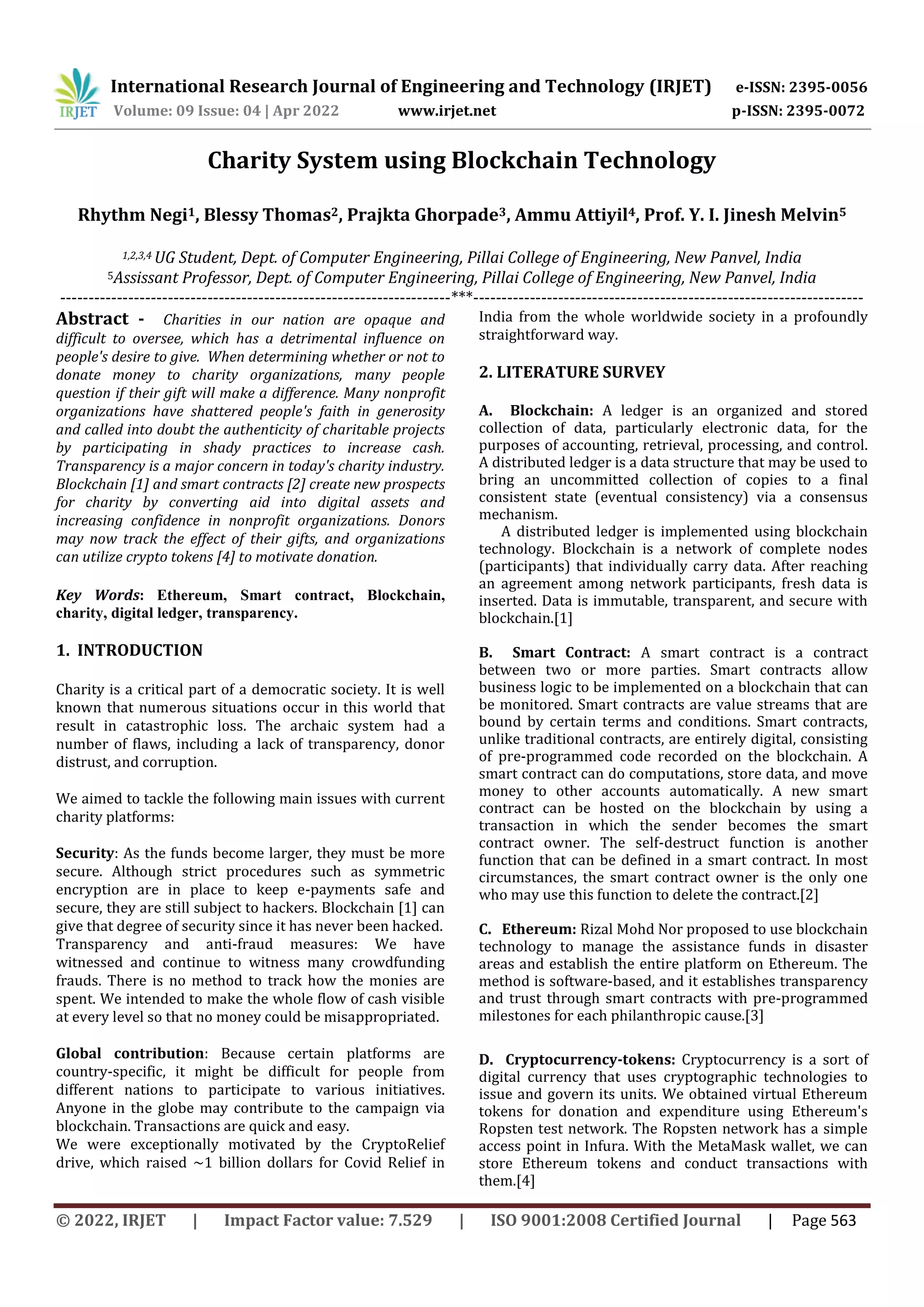 Charity System using Blockchain Technology | PDF