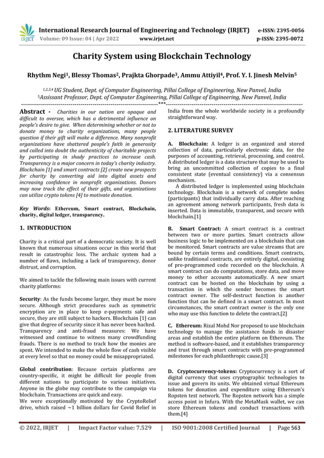 Charity System using Blockchain Technology | PDF