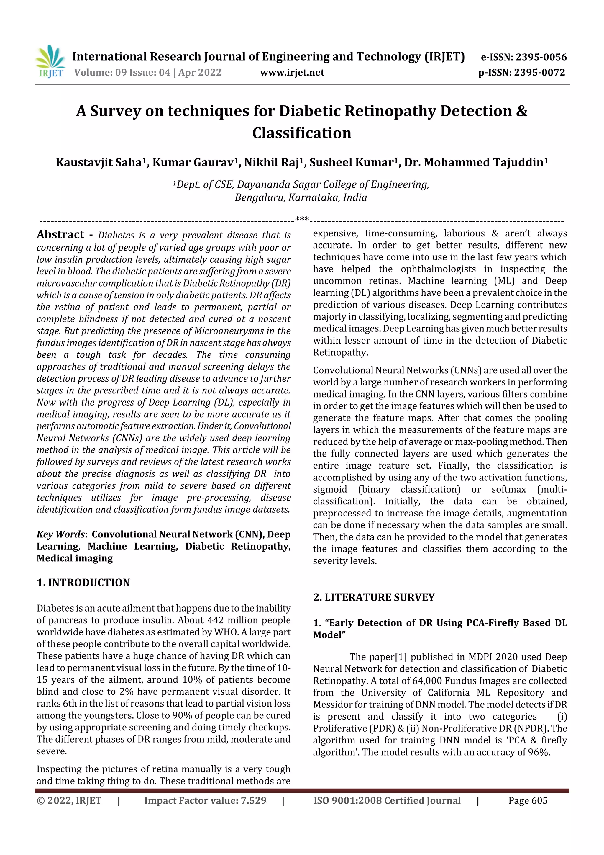 A Survey on techniques for Diabetic Retinopathy Detection & Classification | PDF