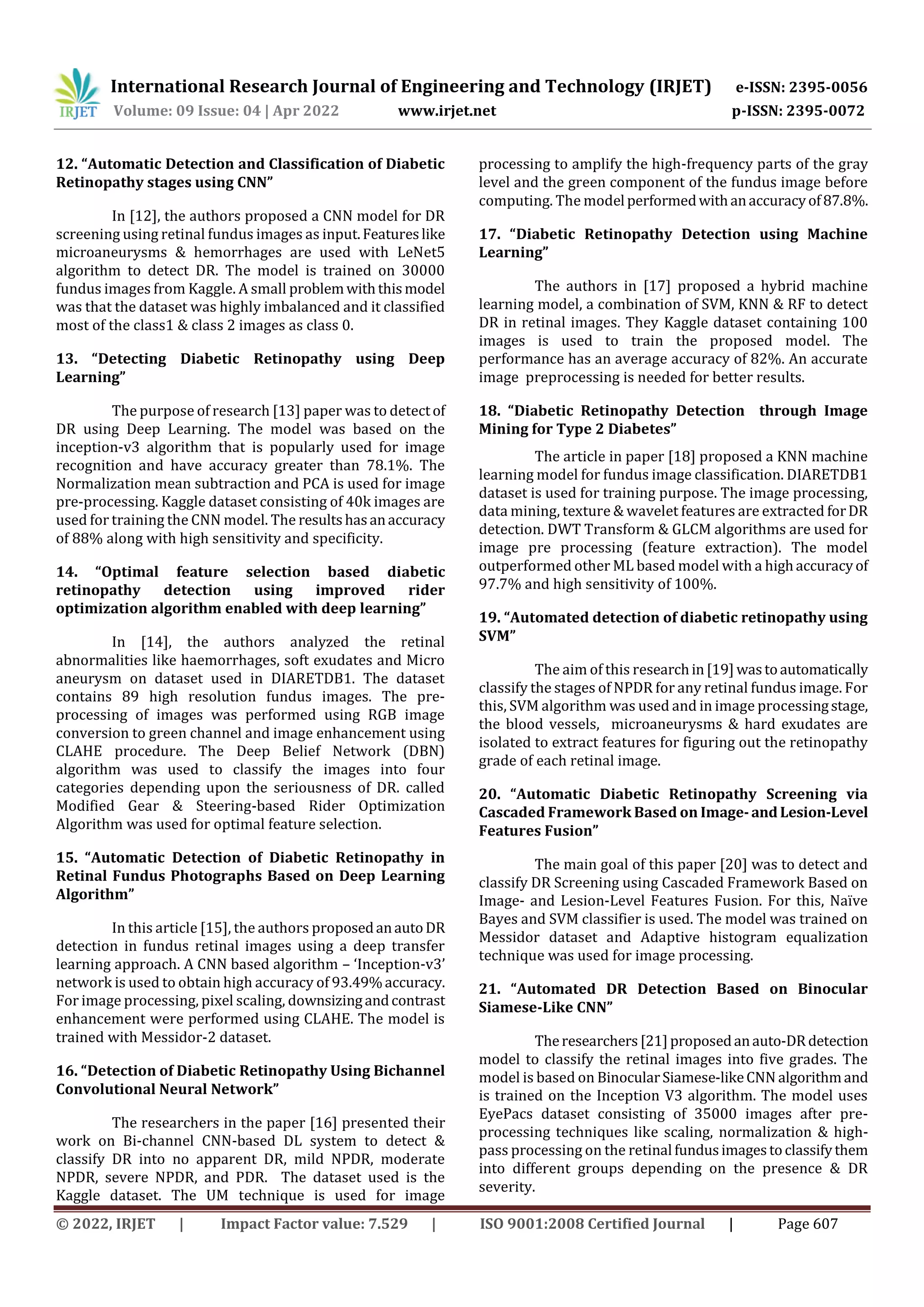 A Survey on techniques for Diabetic Retinopathy Detection & Classification | PDF