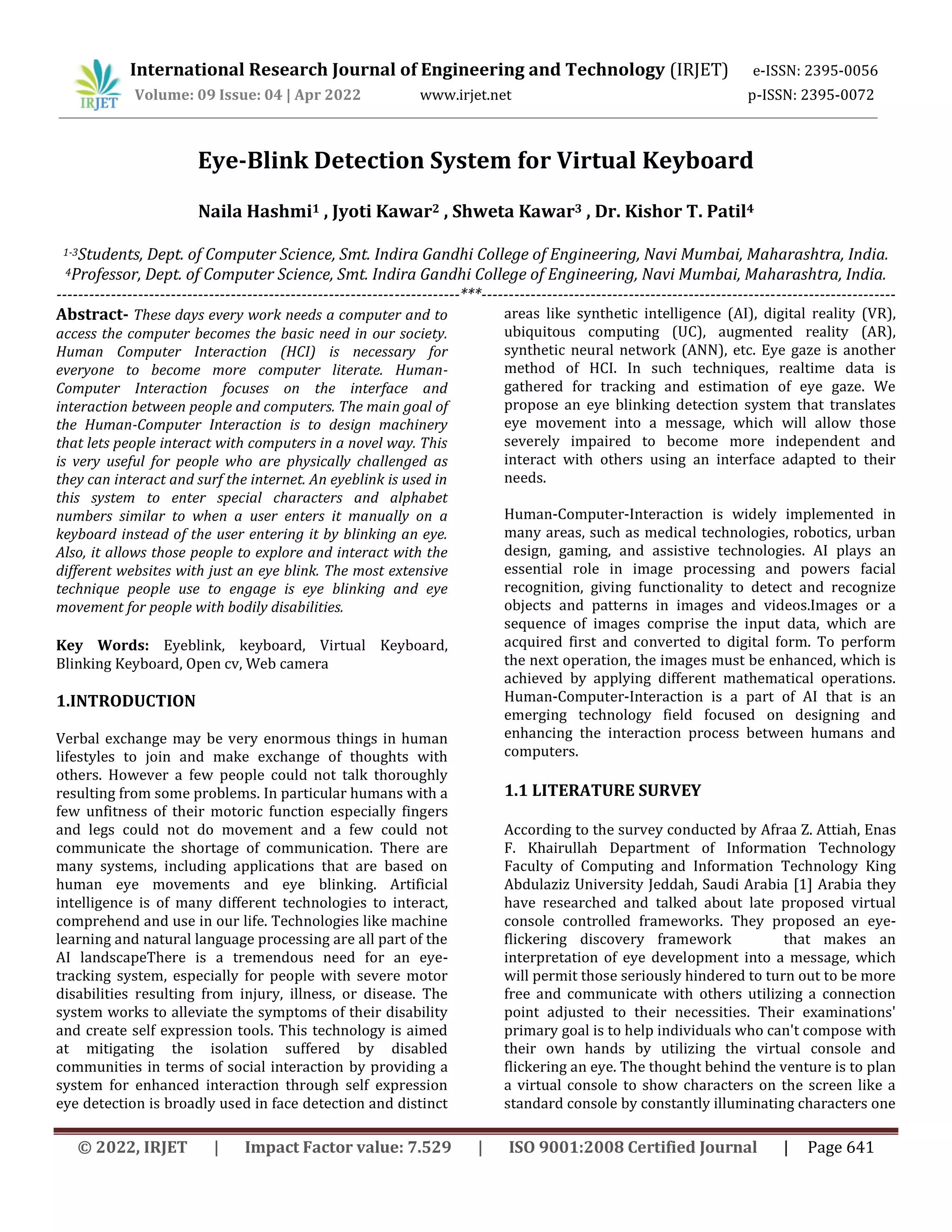 Eye-Blink Detection System for Virtual Keyboard | PDF