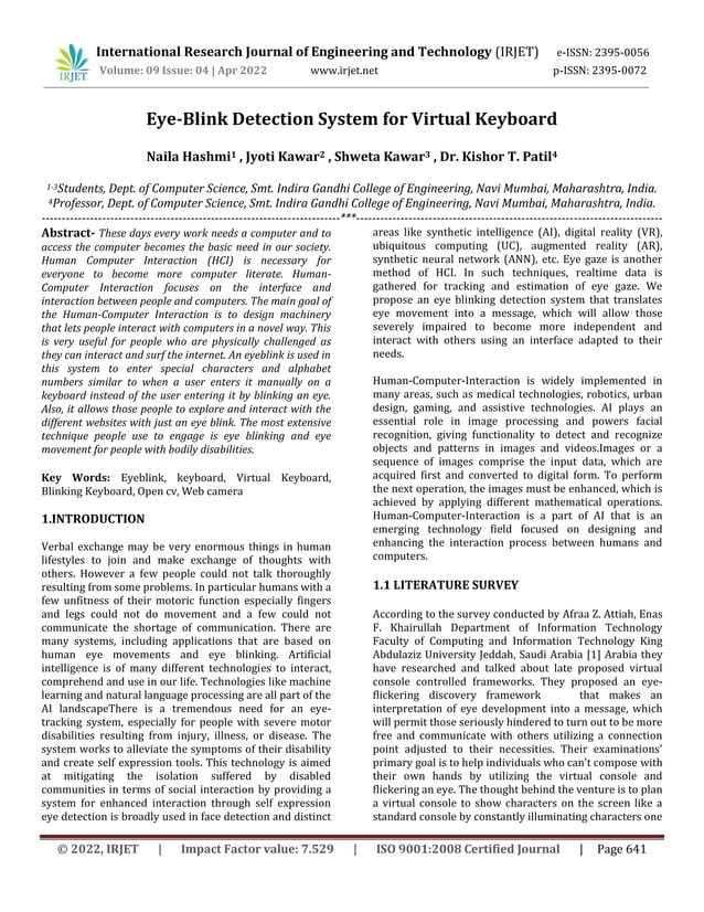 Eye-Blink Detection System for Virtual Keyboard | PDF