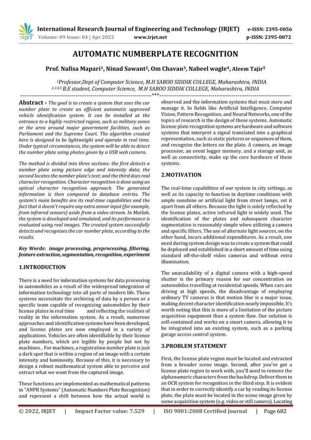AUTOMATIC NUMBERPLATE RECOGNITION | PDF