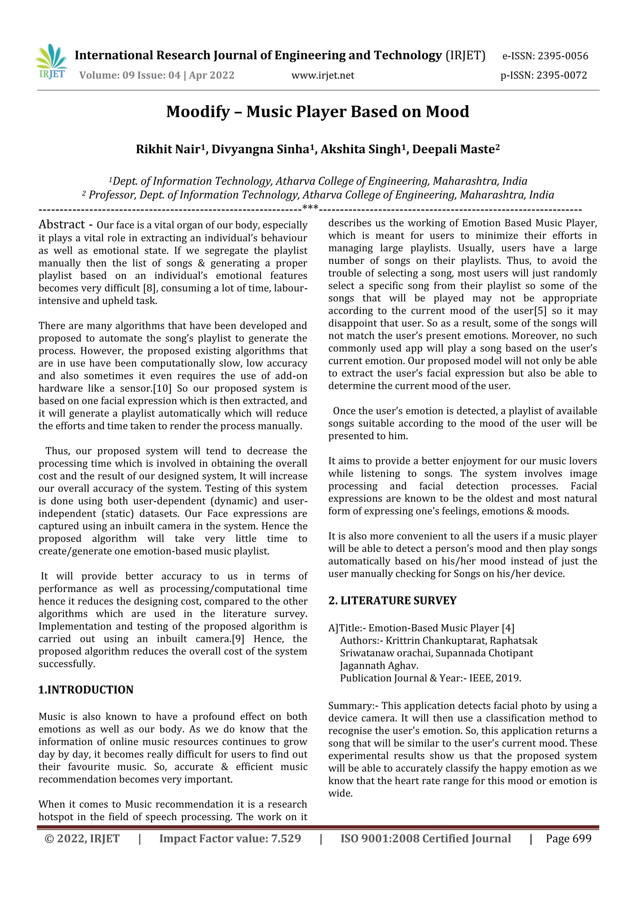 Moodify – Music Player Based on Mood | PDF