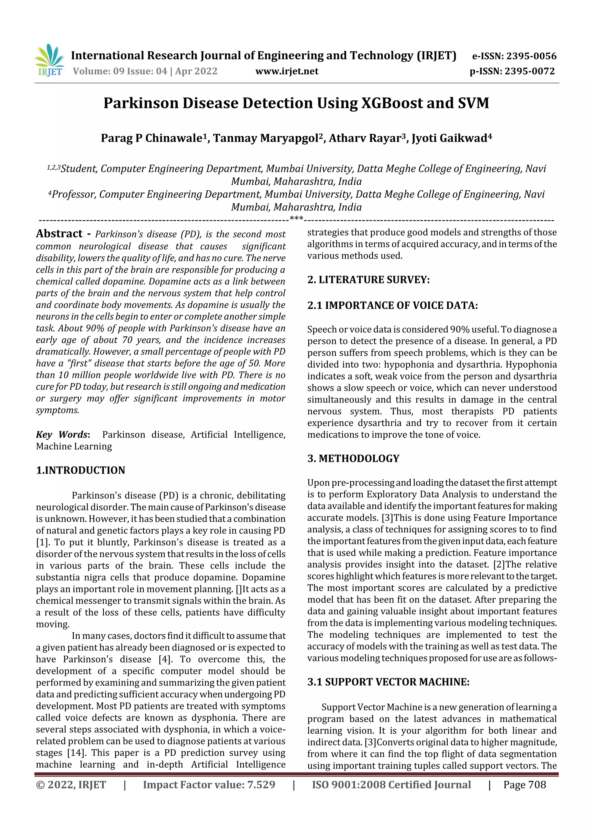 Parkinson Disease Detection Using XGBoost and SVM | PDF