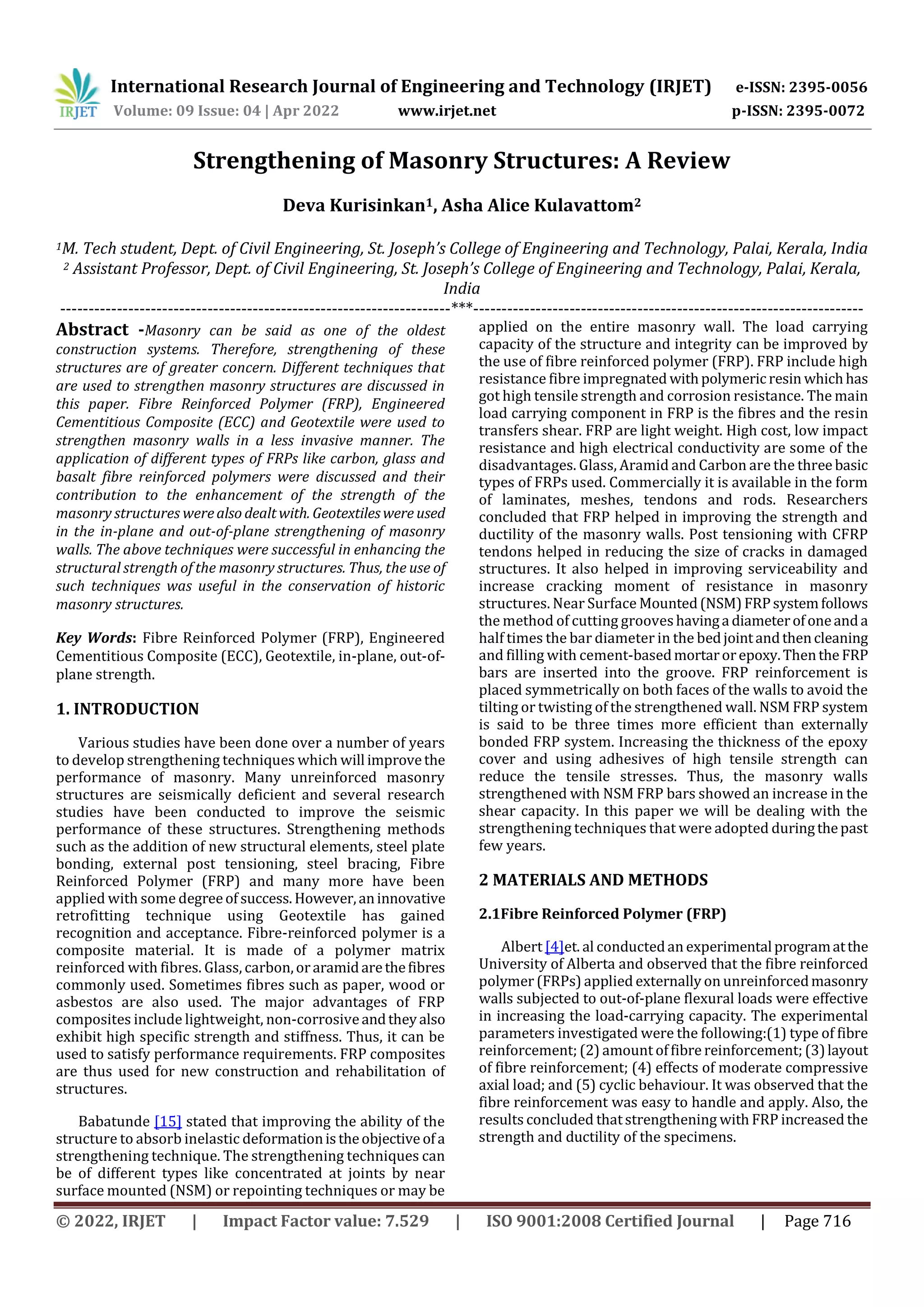 Strengthening of Masonry Structures: A Review | PDF