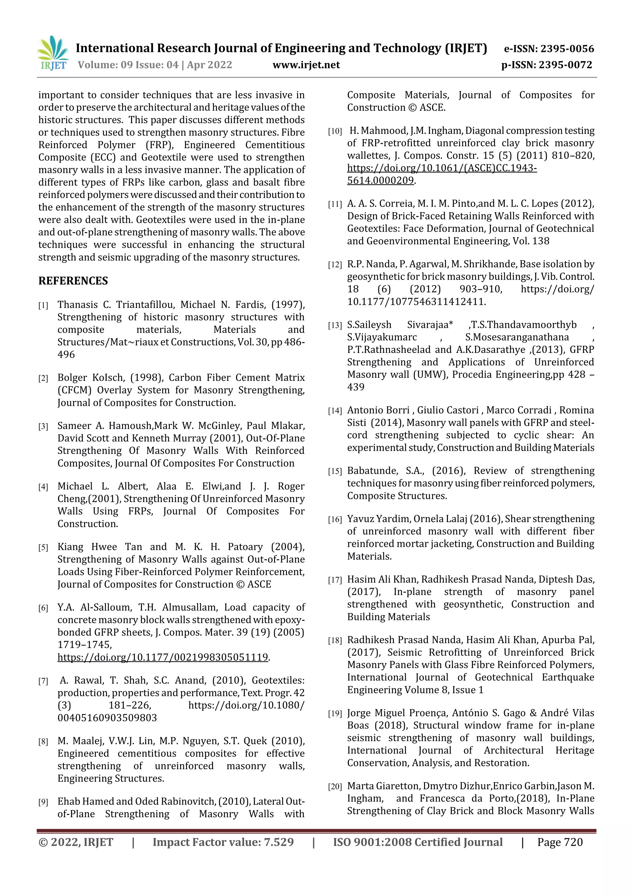 Strengthening of Masonry Structures: A Review | PDF