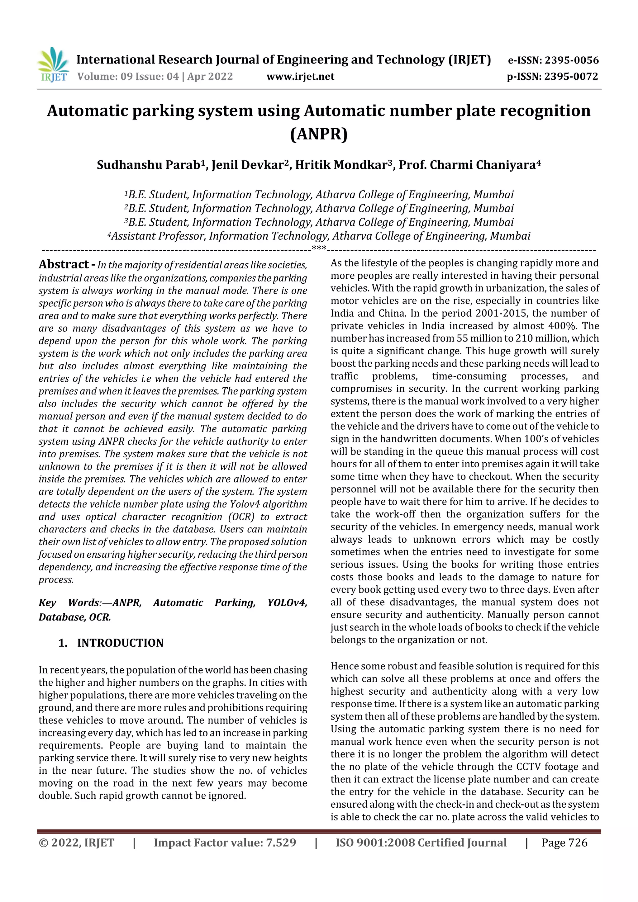 Automatic parking system using Automatic number plate recognition (ANPR) | PDF