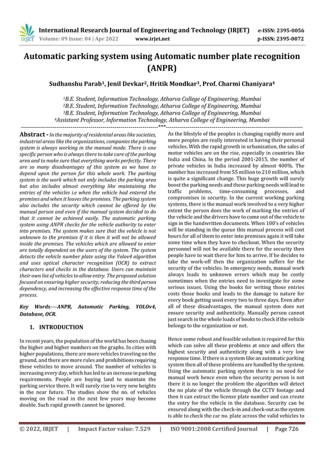 Automatic parking system using Automatic number plate recognition (ANPR ... Automatic parking system using Automatic number plate recognition (ANPR ...