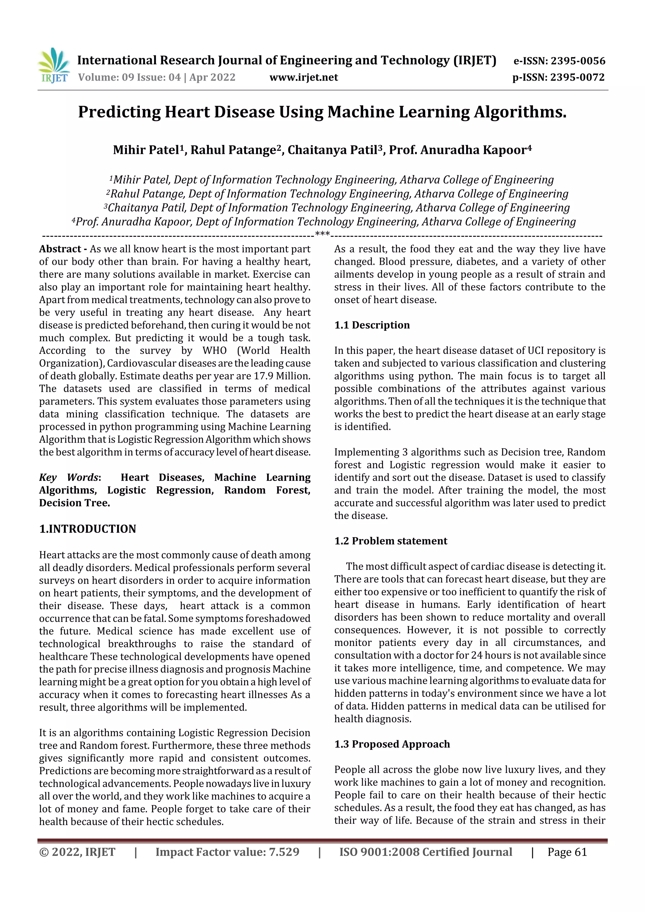 Predicting Heart Disease Using Machine Learning Algorithms Pdf