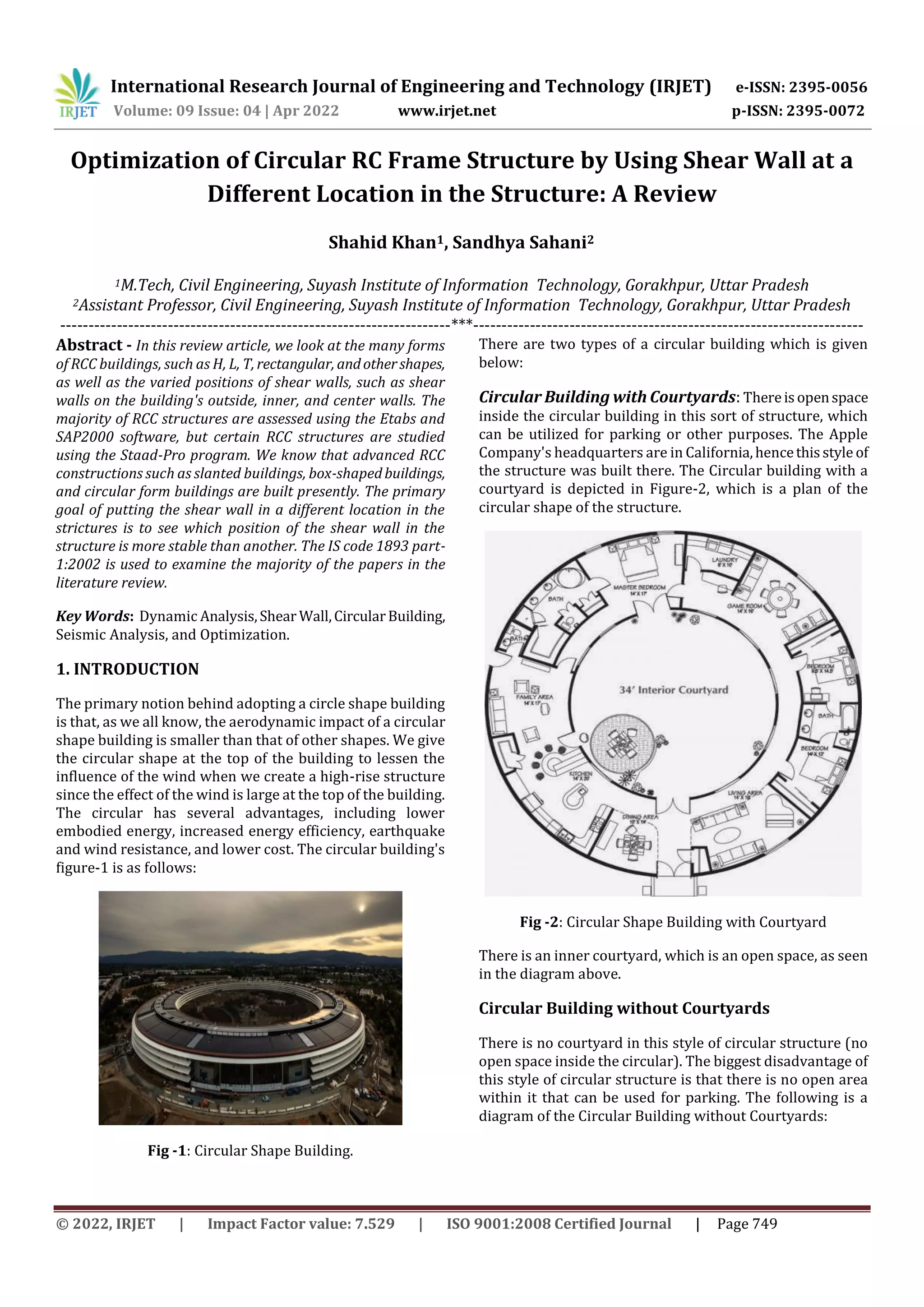 Optimization of Circular RC Frame Structure by Using Shear Wall at a Different Location in the ...