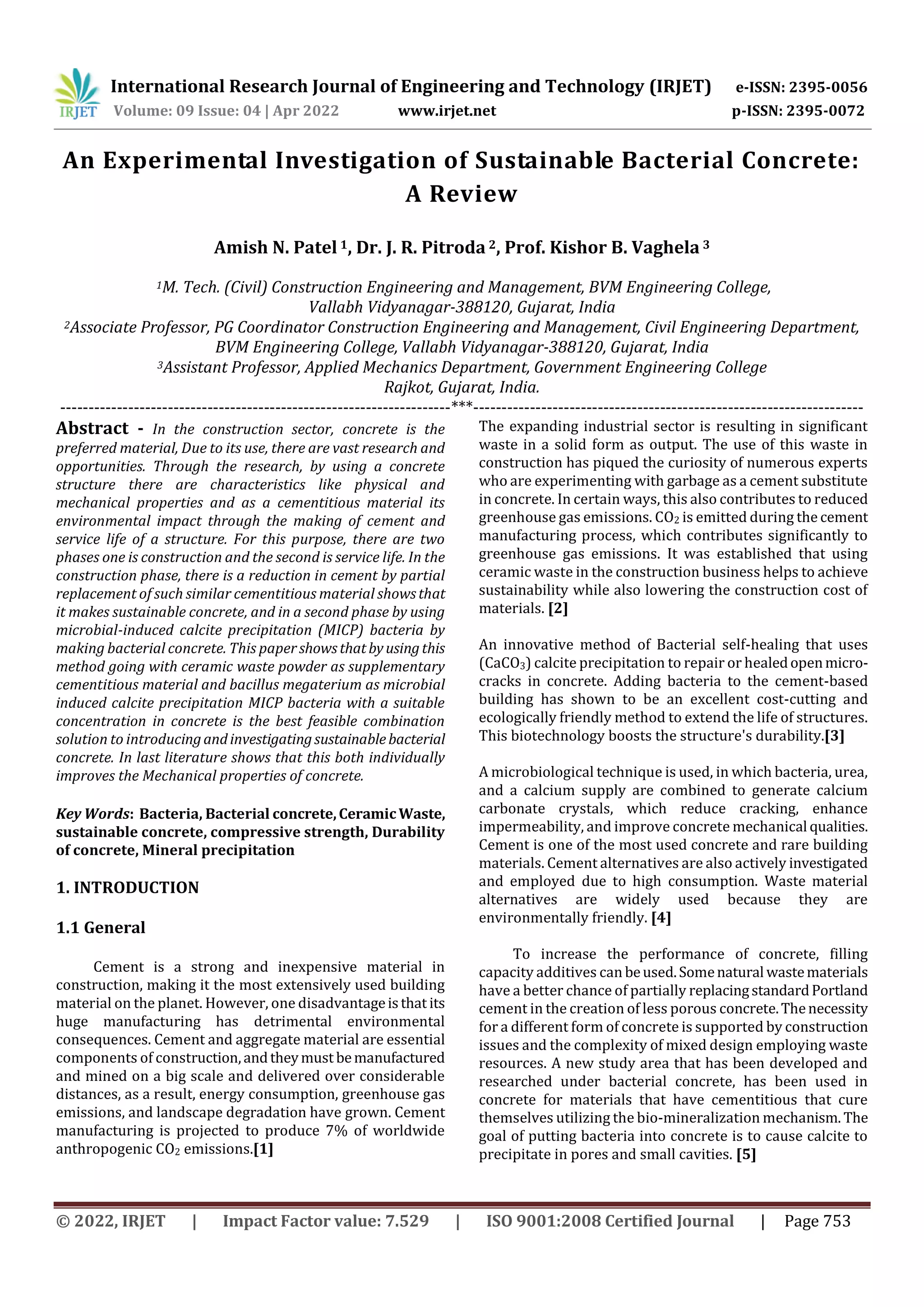 An Experimental Investigation of Sustainable Bacterial Concrete: A ...
