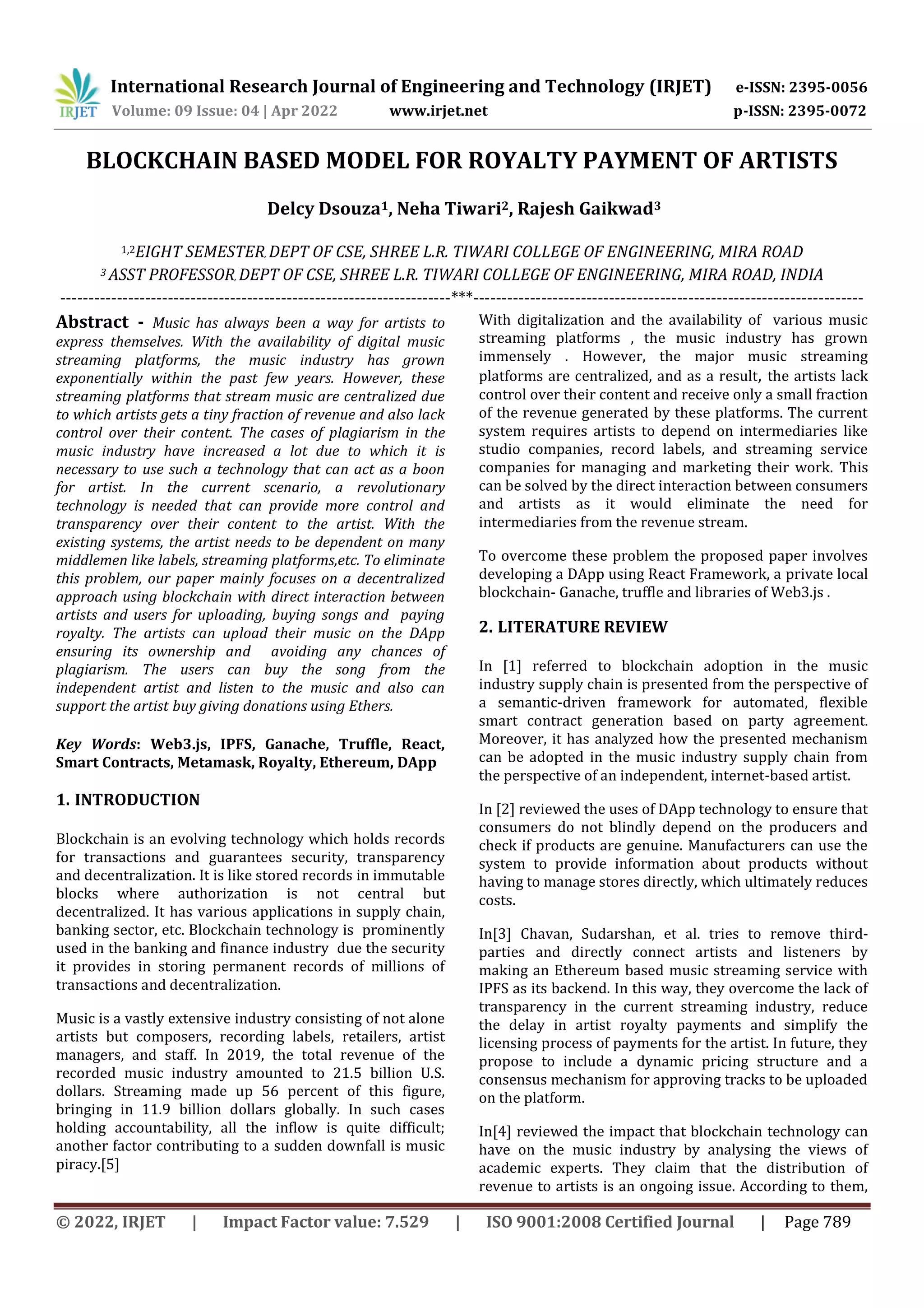 BLOCKCHAIN BASED MODEL FOR ROYALTY PAYMENT OF ARTISTS | PDF