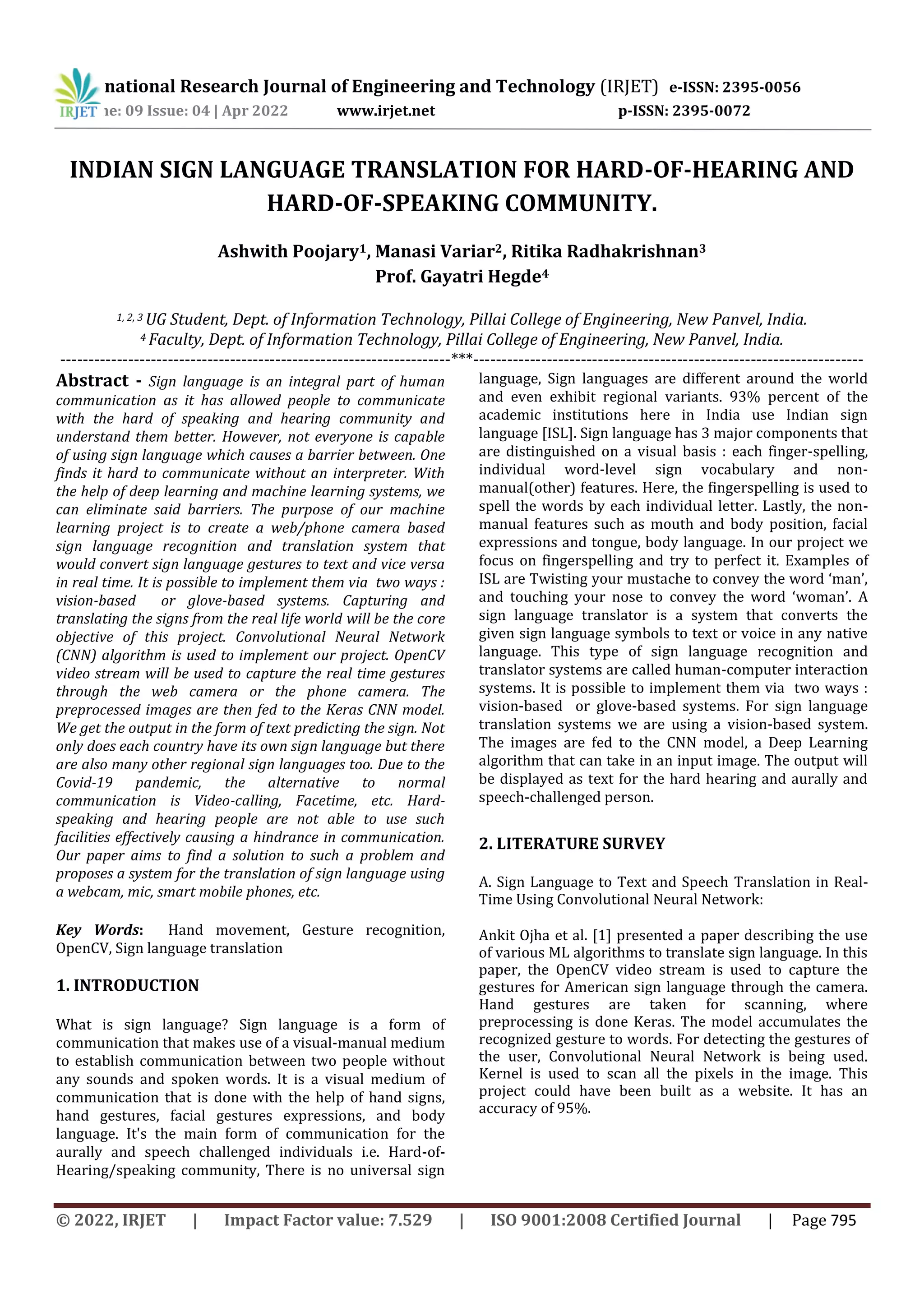 INDIAN SIGN LANGUAGE TRANSLATION FOR HARD-OF-HEARING AND HARD-OF ...