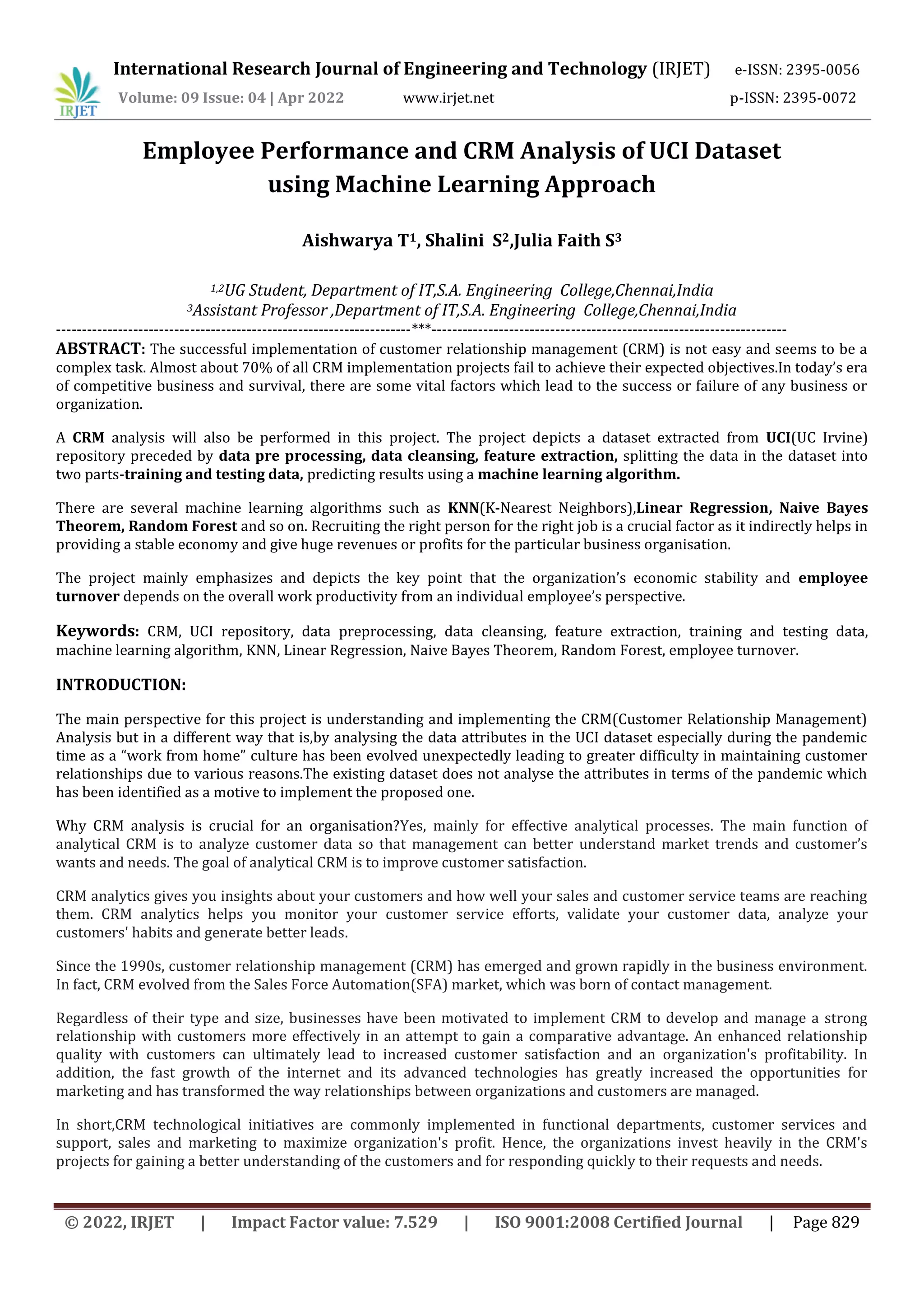 Employee Performance and CRM Analysis of UCI Dataset using Machine Learning Approach | PDF