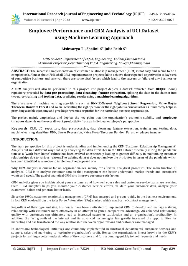 Employee Performance and CRM Analysis of UCI Dataset using Machine Learning Approach | PDF