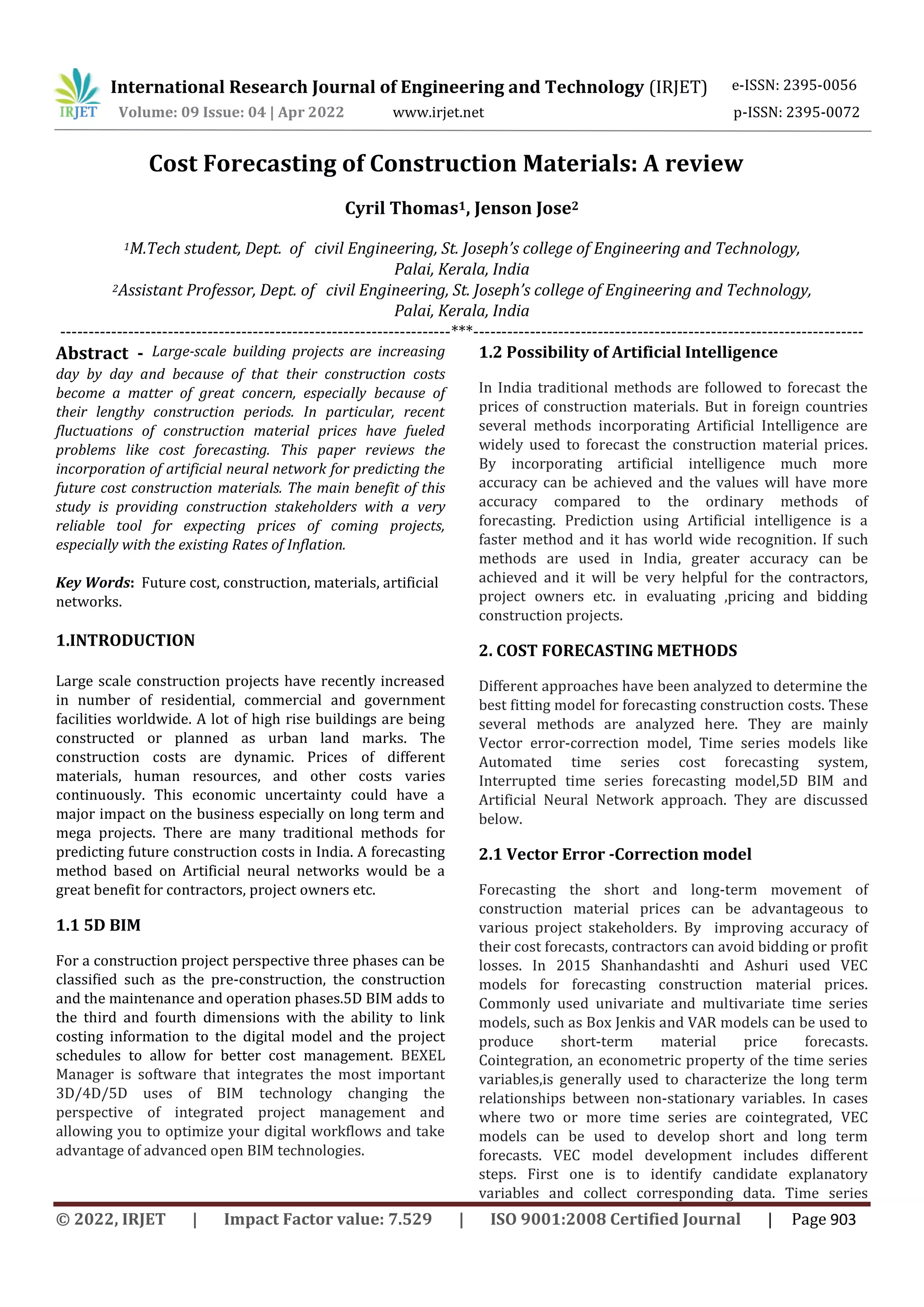 Cost Forecasting of Construction Materials: A review | PDF