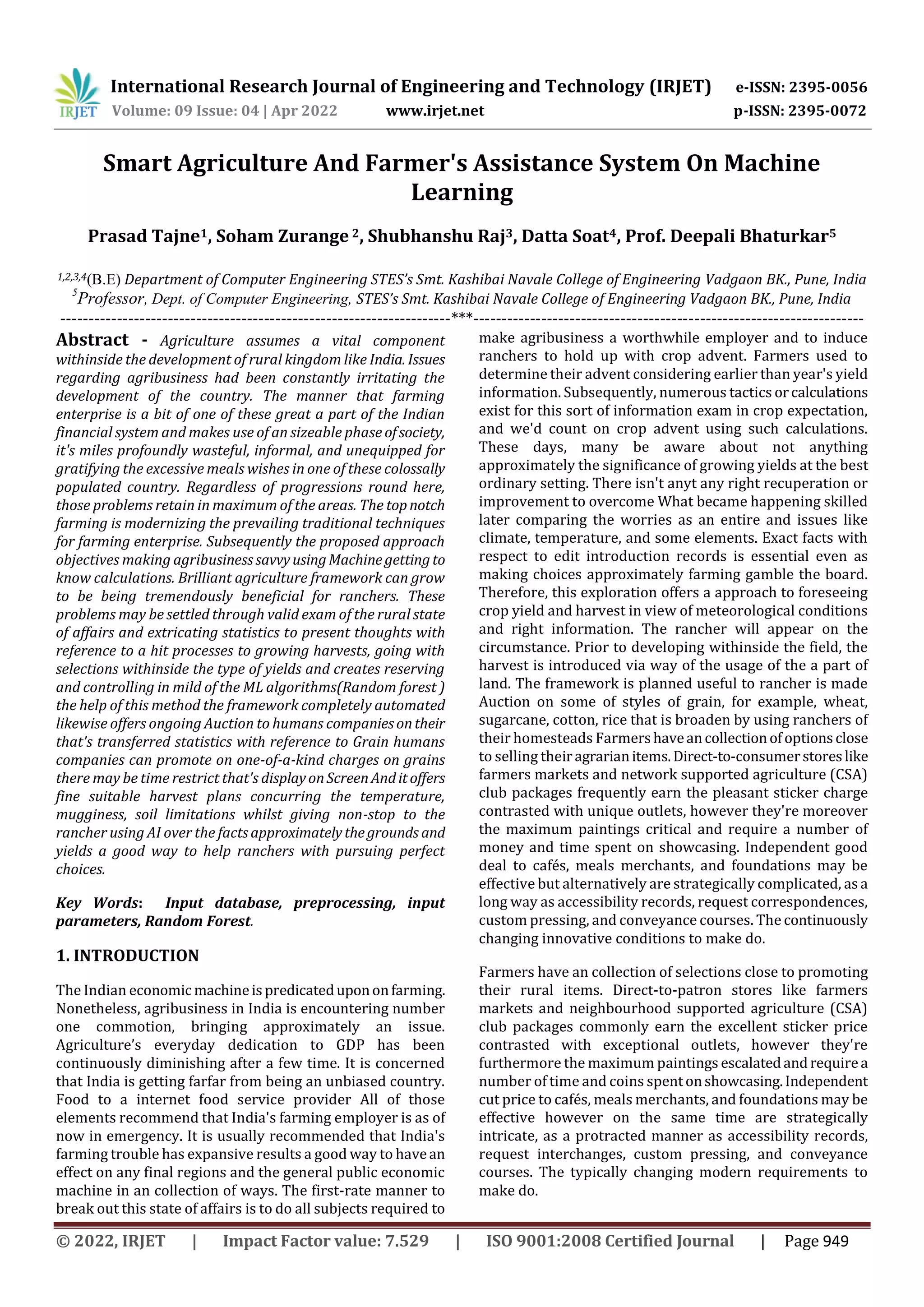 Smart Agriculture And Farmer's Assistance System On Machine Learning | PDF