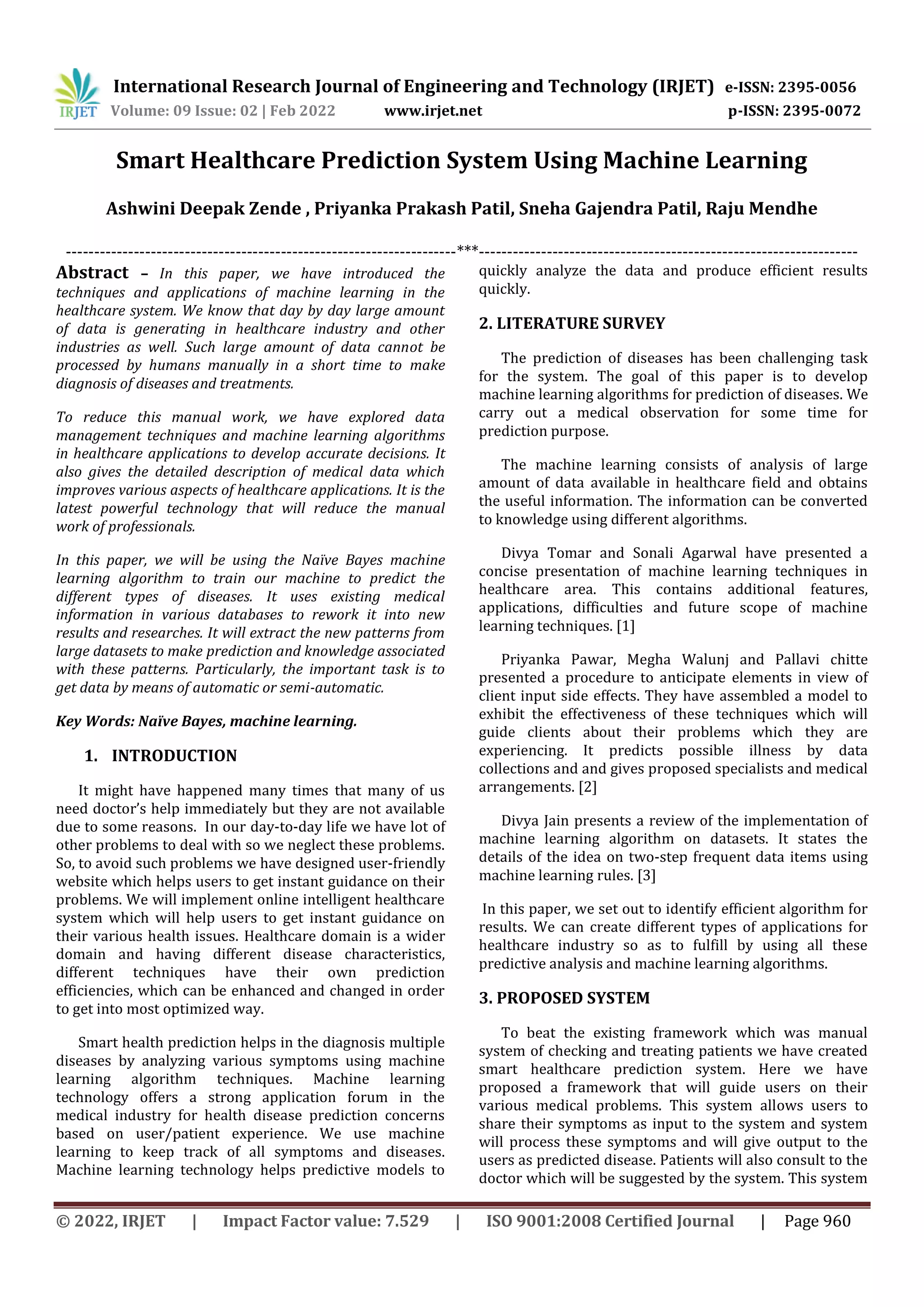 Smart Healthcare Prediction System Using Machine Learning | PDF