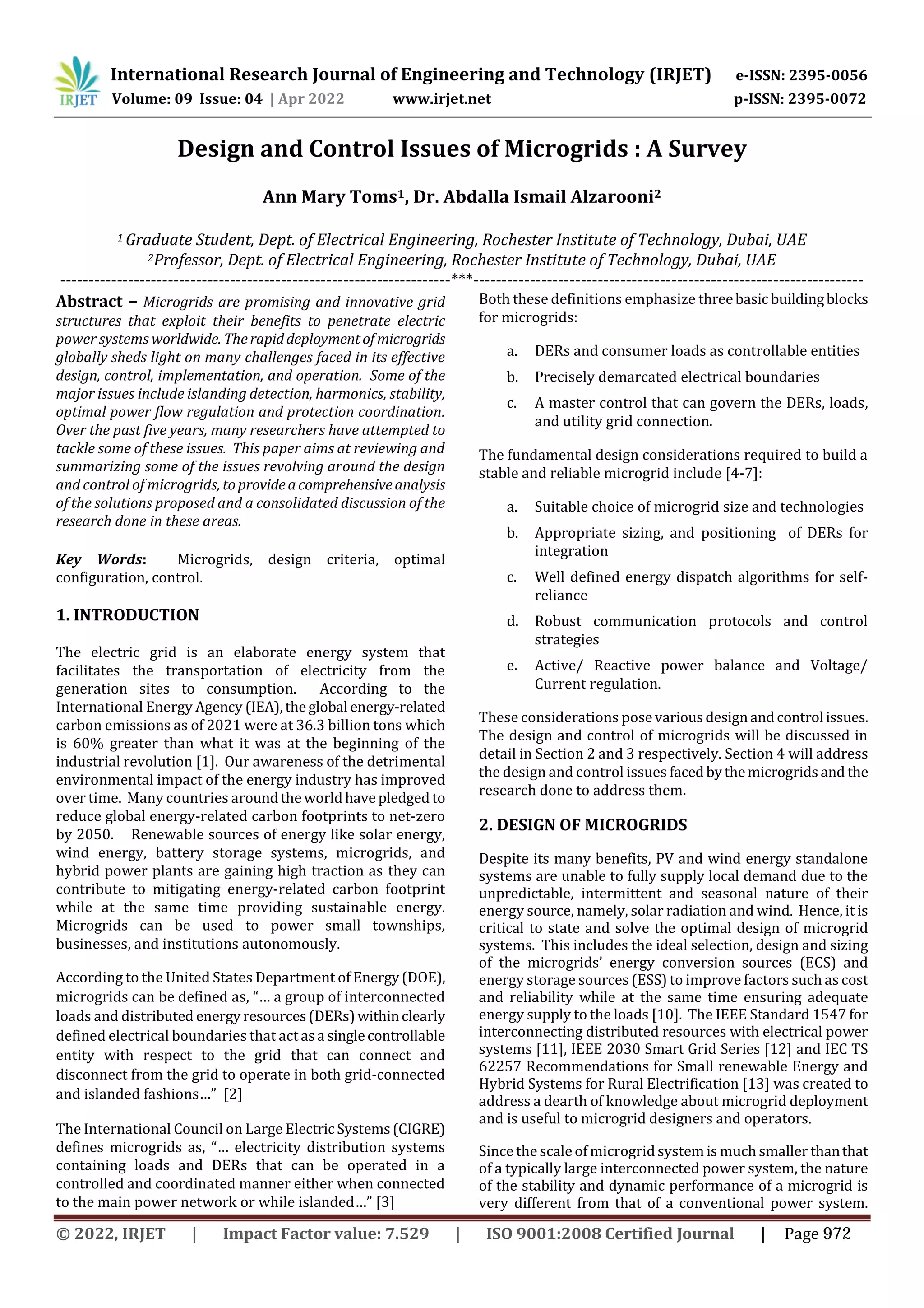 Design and Control Issues of Microgrids : A Survey | PDF | Internet of Things | Internet