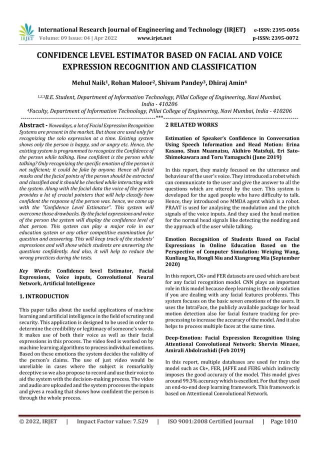 CONFIDENCE LEVEL ESTIMATOR BASED ON FACIAL AND VOICE EXPRESSION RECOGNITION AND CLASSIFICATION | PDF