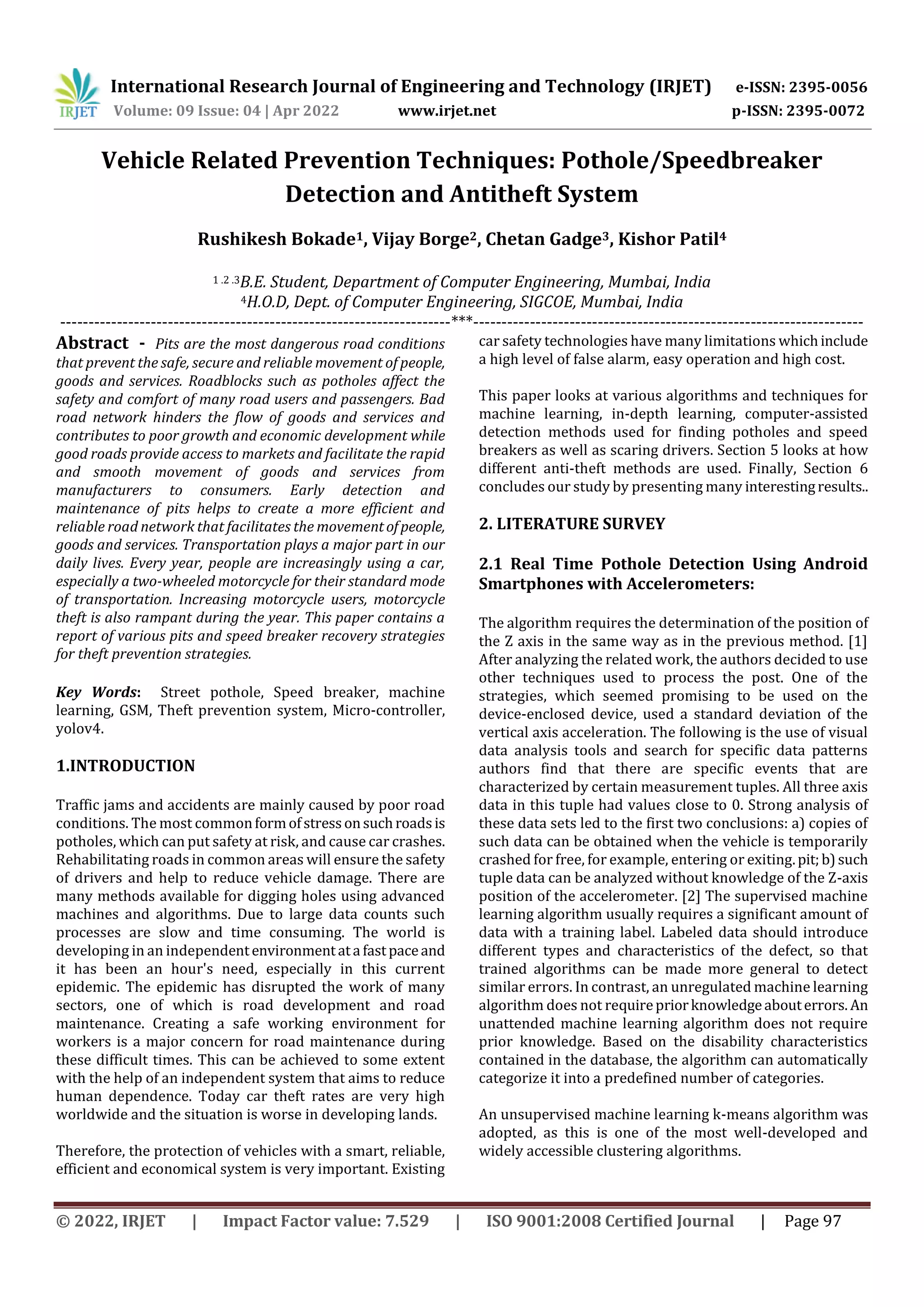 Vehicle Related Prevention Techniques: Pothole/Speedbreaker Detection and Antitheft System | PDF