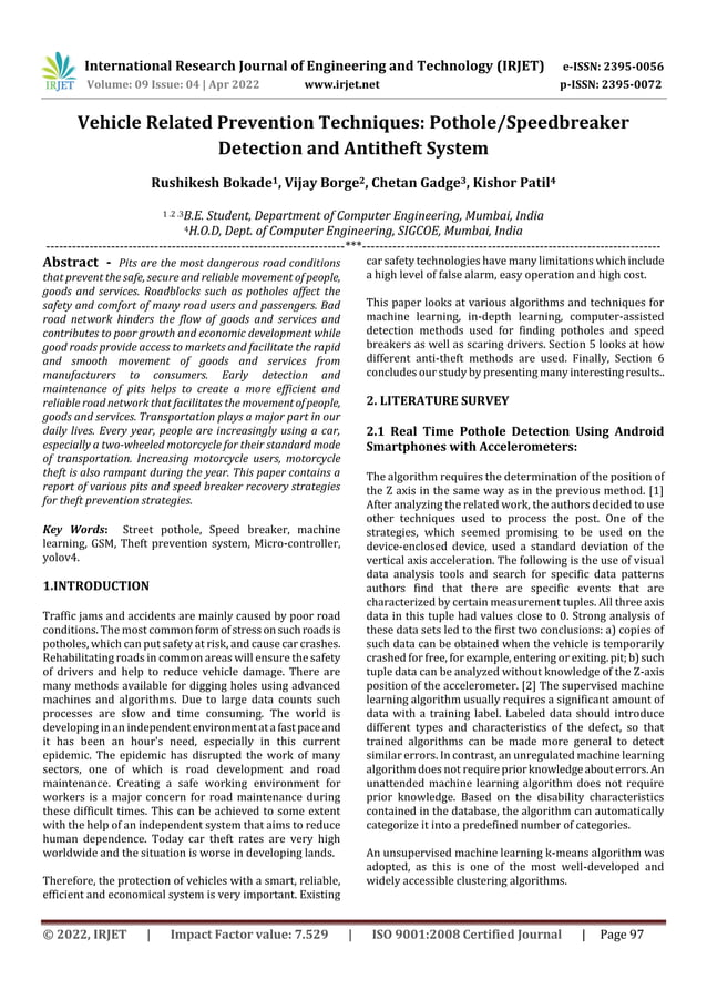 Vehicle Related Prevention Techniques: Pothole/Speedbreaker Detection ...